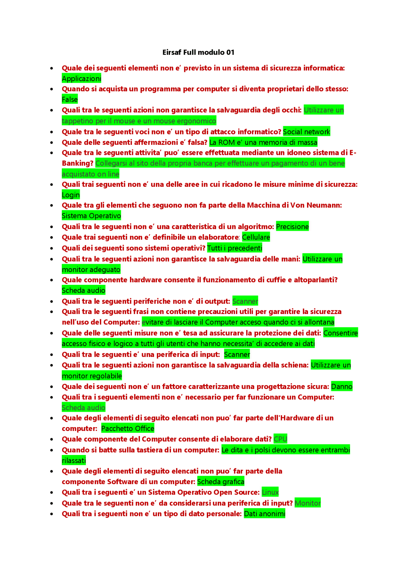 Eirsaf Full modulo 01 - Simulazione | Prove d'esame di Informatica | Docsity