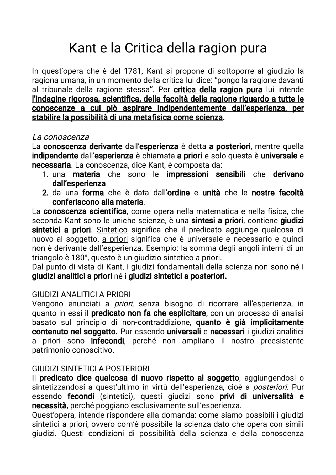 Kant E La Critica Della Ragion Pura Docsity