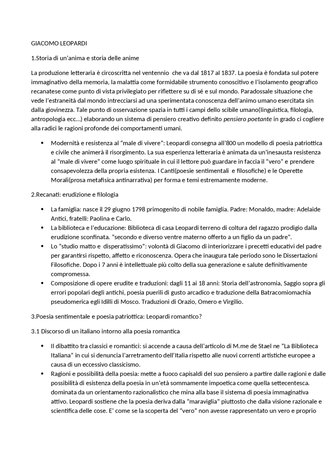 Riassunto Su Giacomo Leopardi Docsity