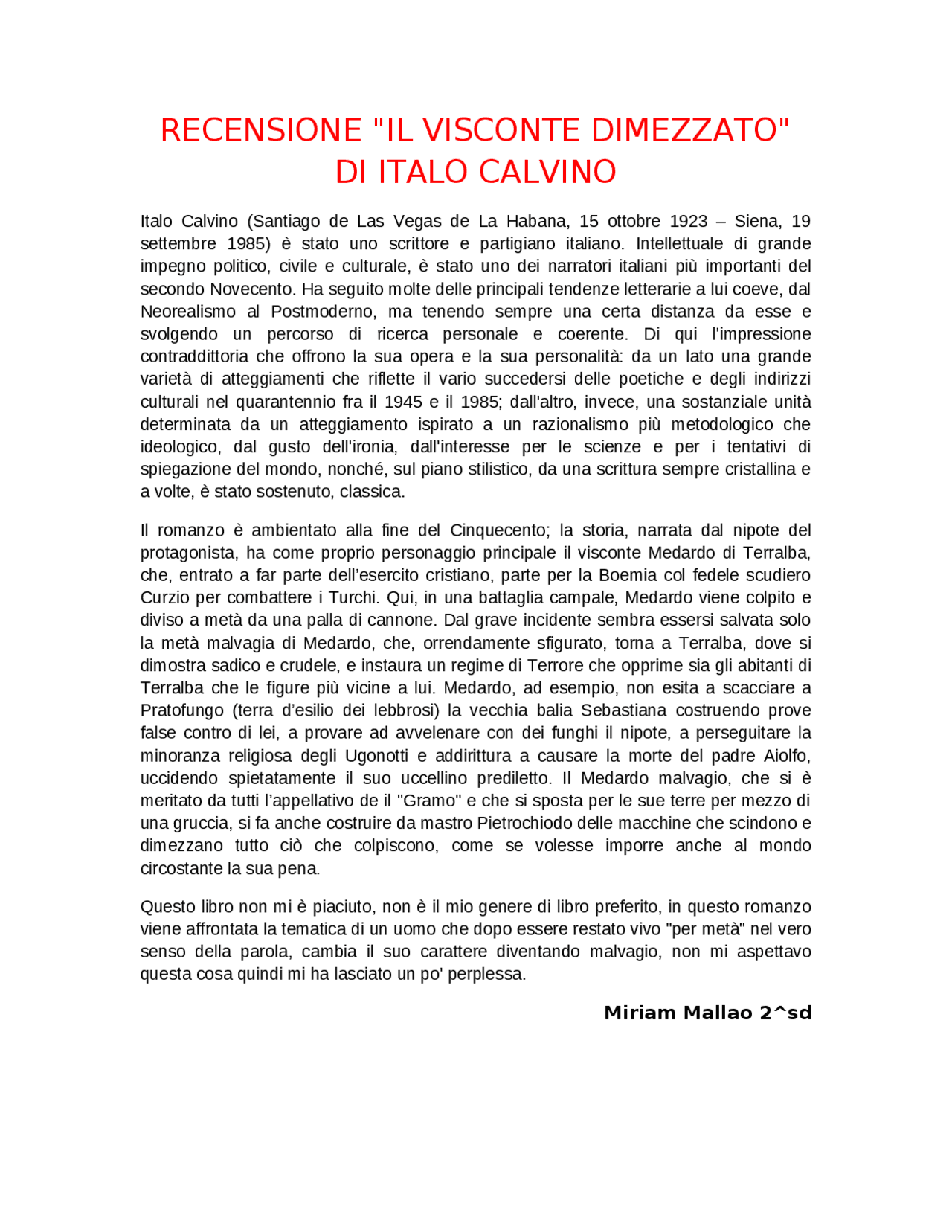 Recensione Il Visconte Dimezzato Docsity