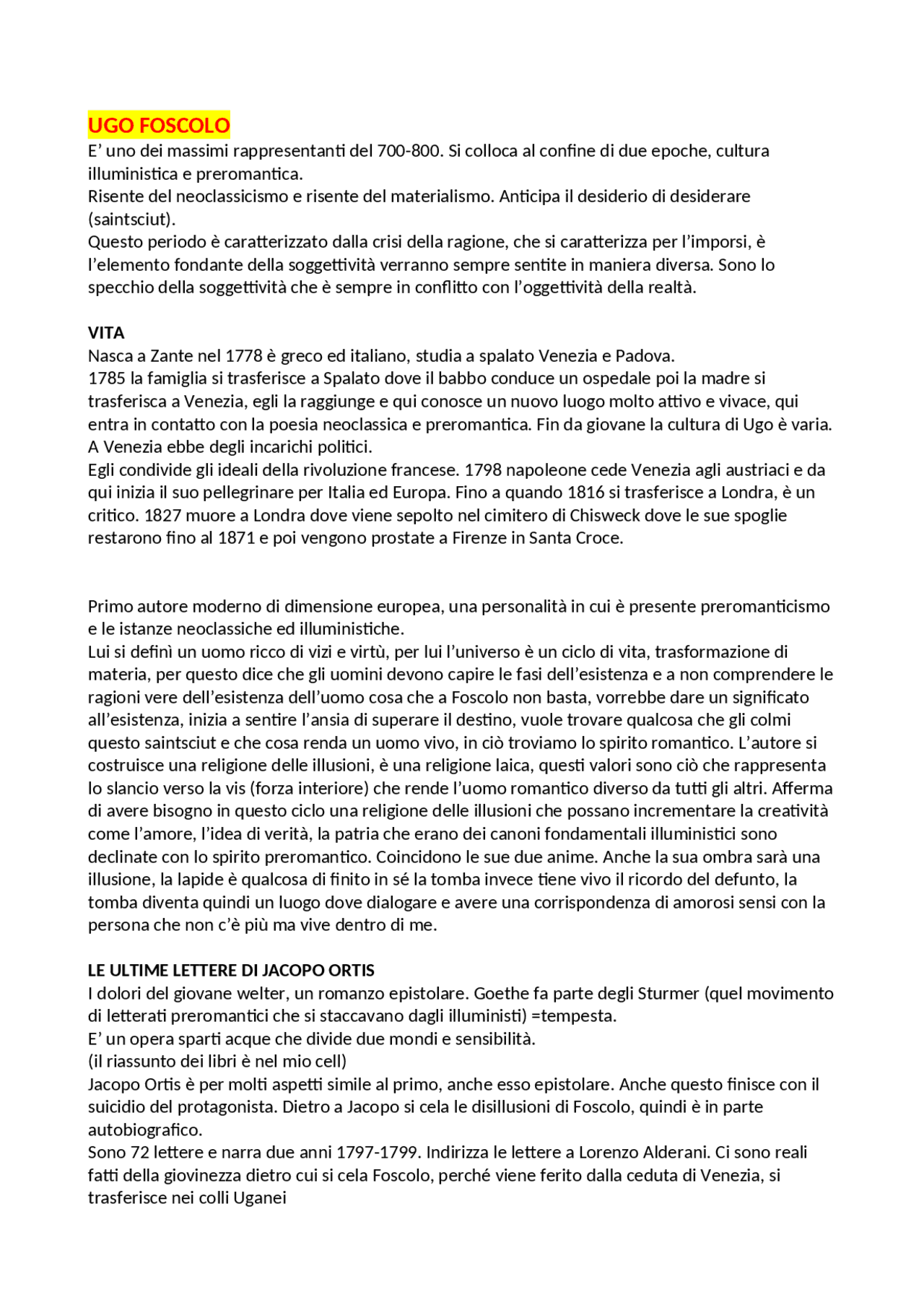 Ugo Foscolo Vita E Opere Docsity