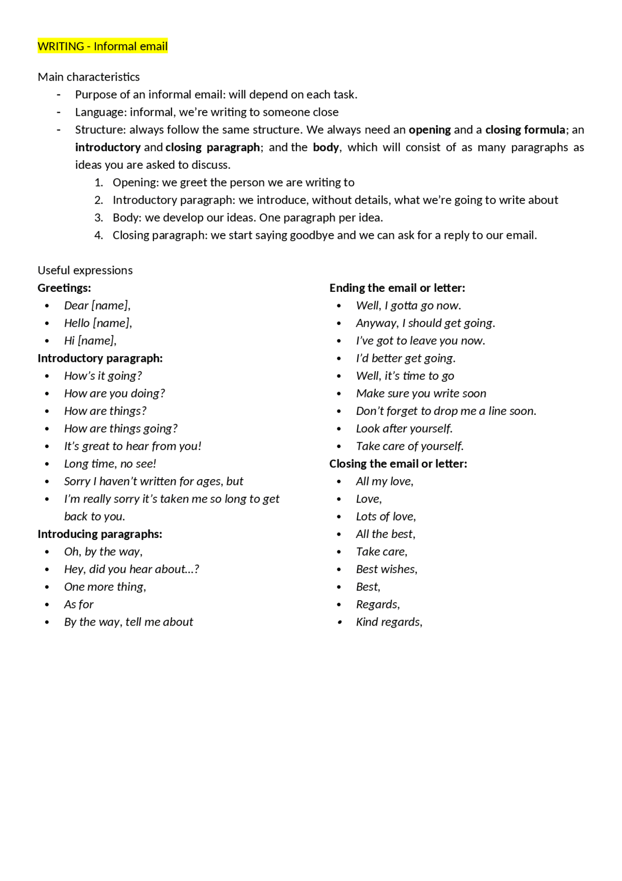 Notes on how to write an informal email | Apuntes de Inglés | Docsity