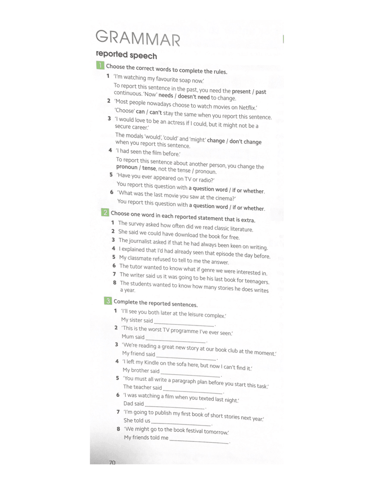 Reported Speech Exercices Yes Docsity