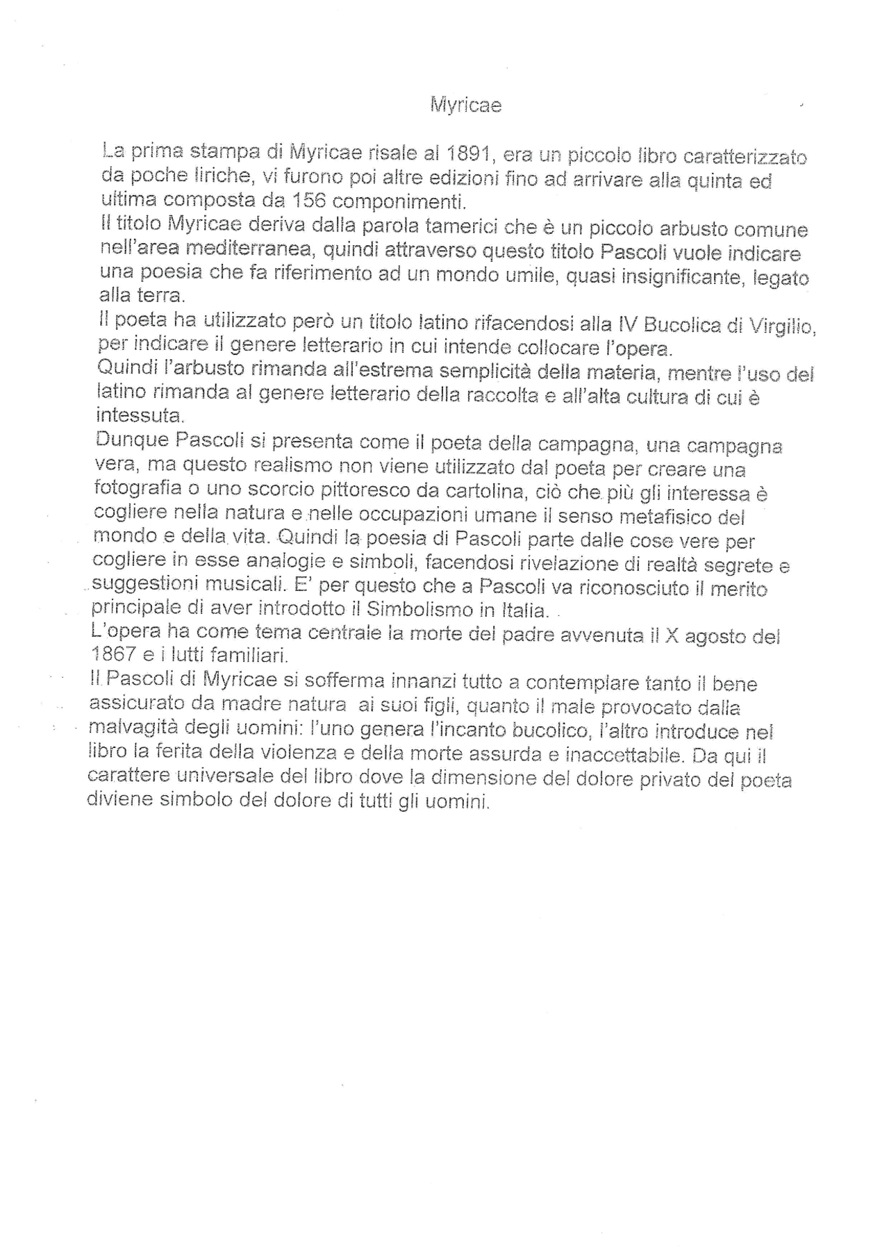 Pascoli Opera Myricae Docsity