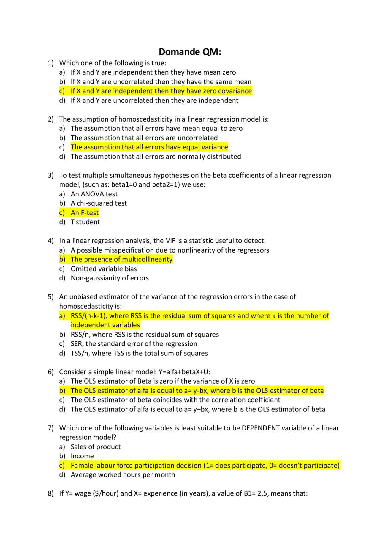 Domande Esame Quantitative Methods Prove Desame Di Statistica Docsity