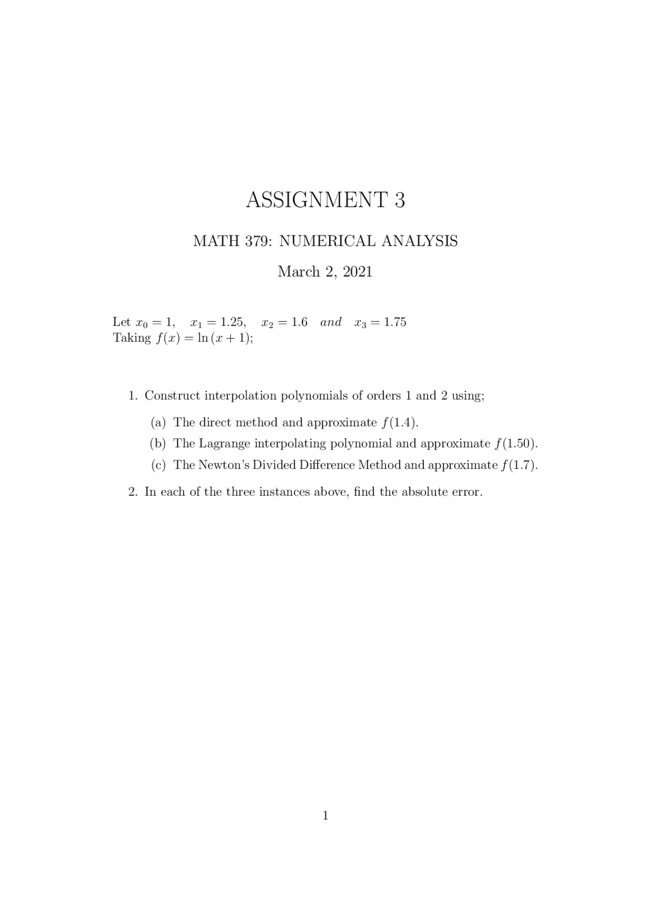 Assignment Numerical Docsity
