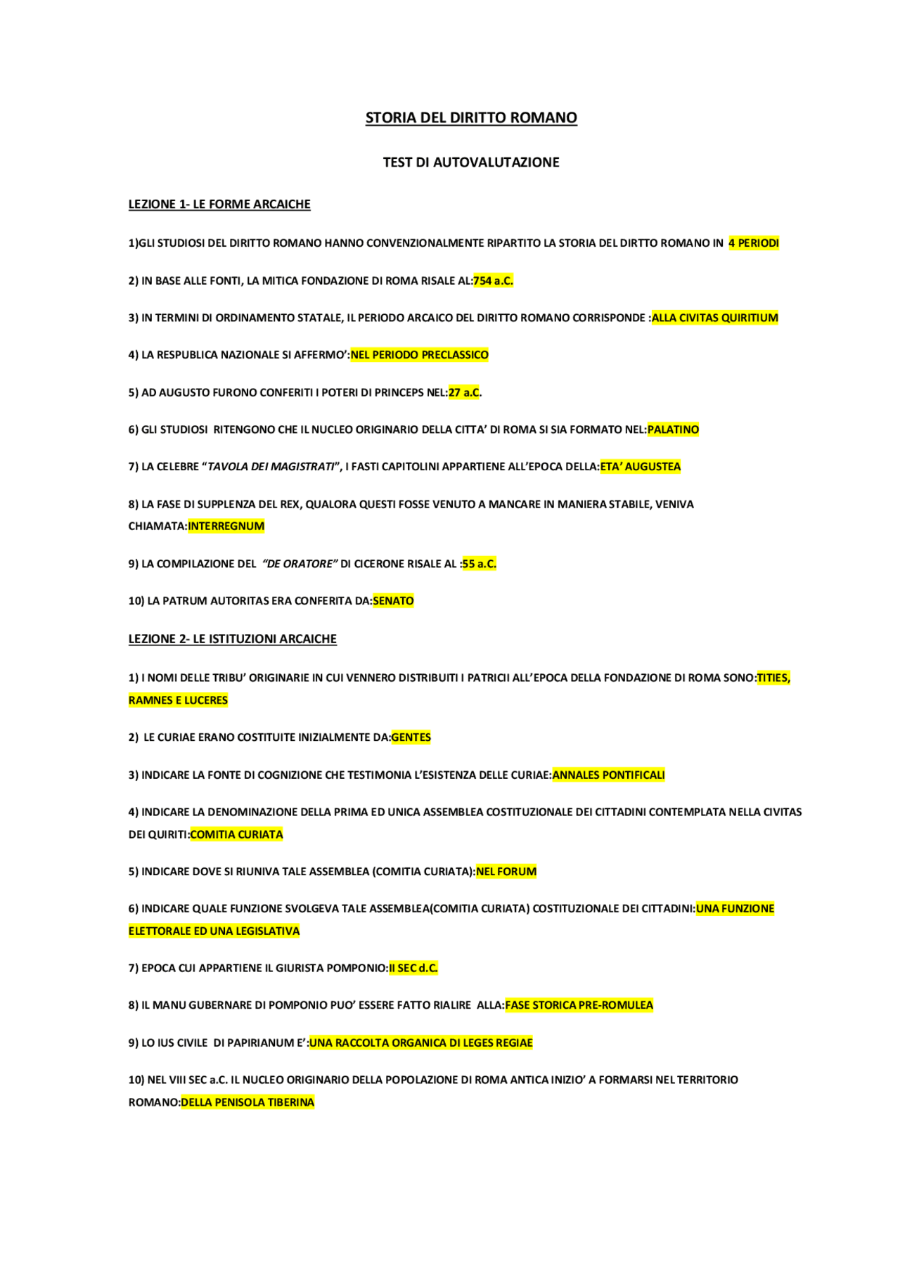 Test Di Storia Del Diritto Romano Docsity