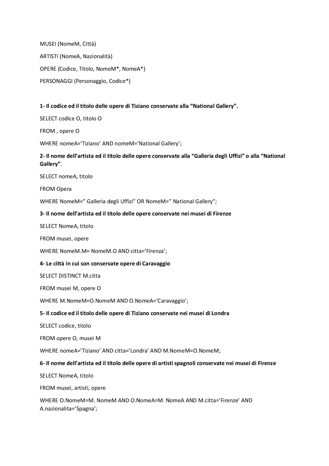 Esercizi svolti e corretti di sql e queery - Docsity
