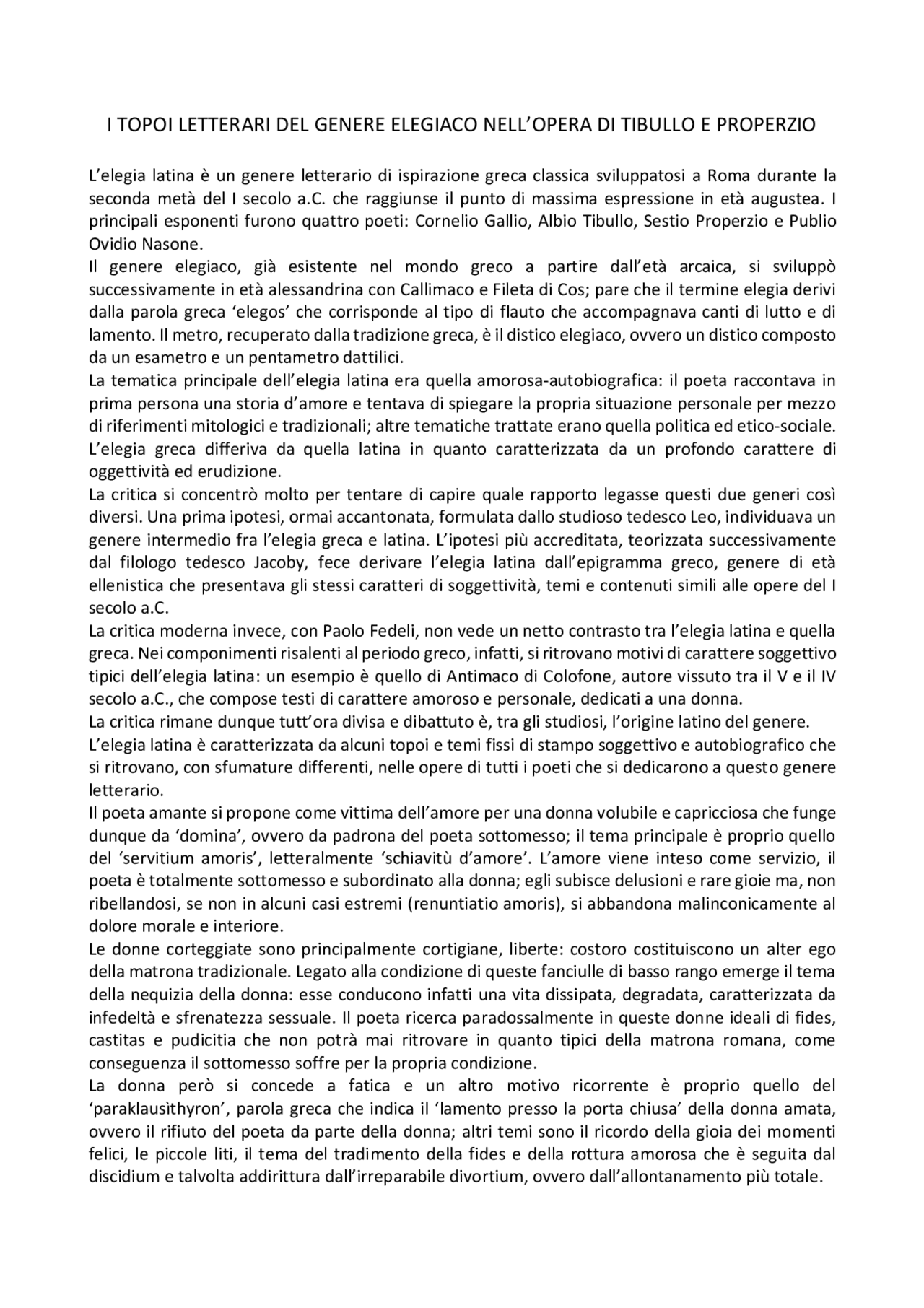 TOPOI LETTERARI GENERE ELEGIACO - Docsity