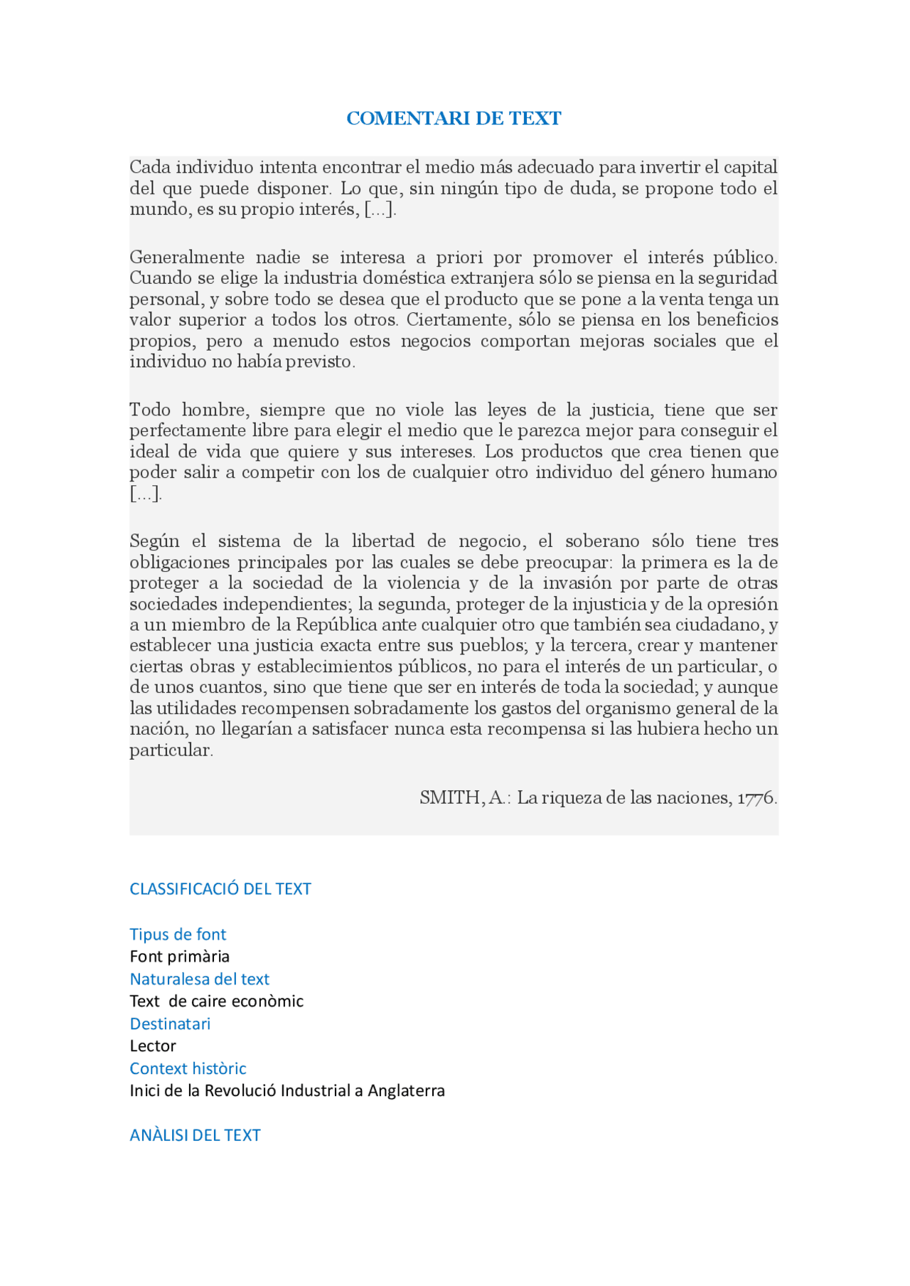 Comentari de text Adam Smith - Docsity