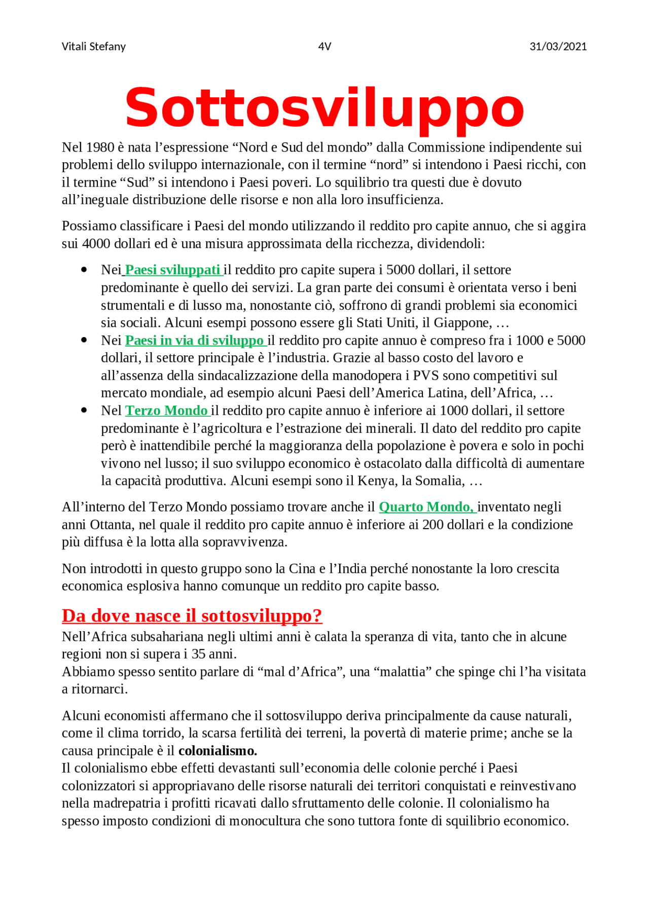 Sottosviluppo mondiale, paesi poveri e paesi ricchi. - Docsity