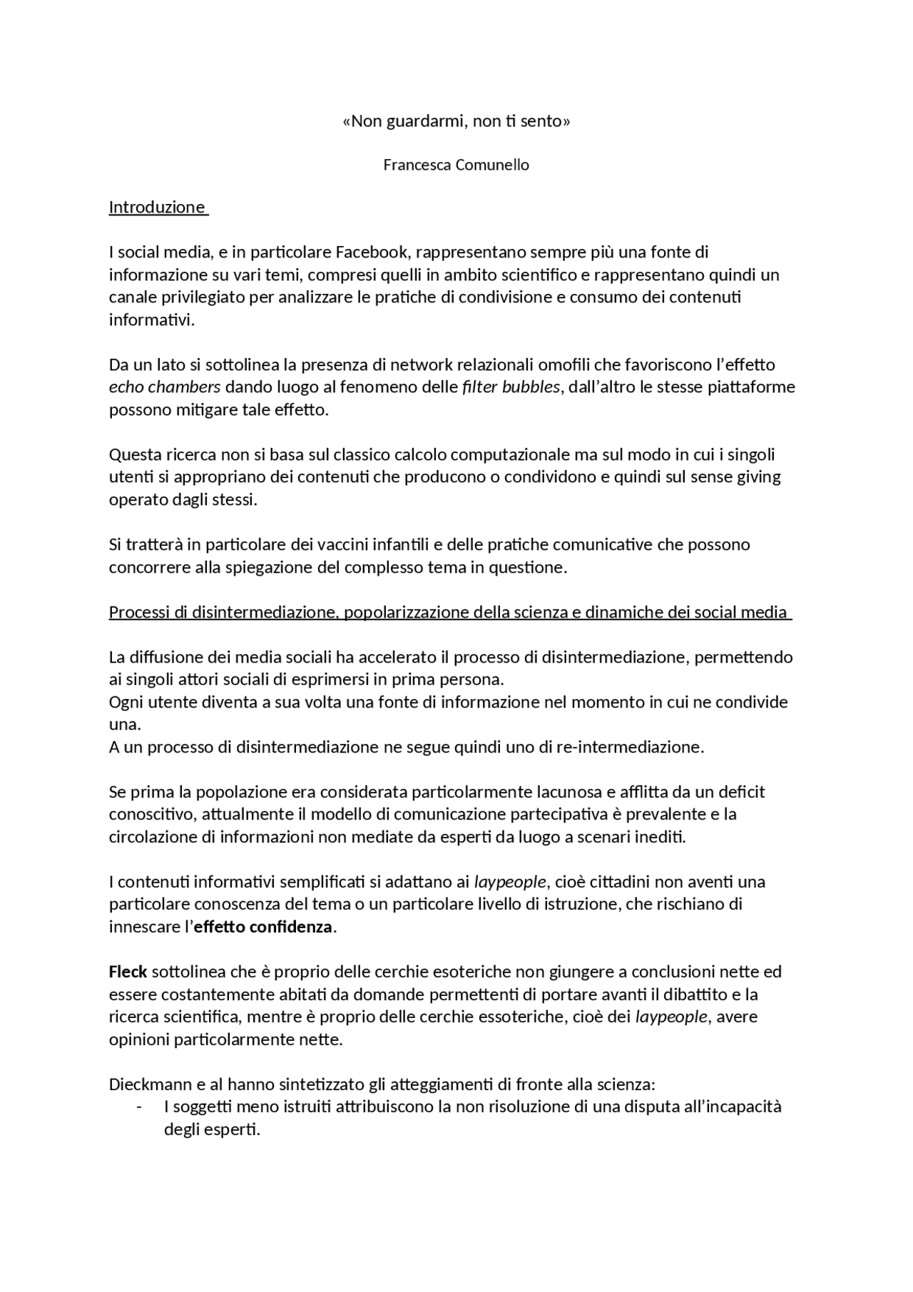 Non guardarmi, non ti sento - Francesca Comunello - Docsity