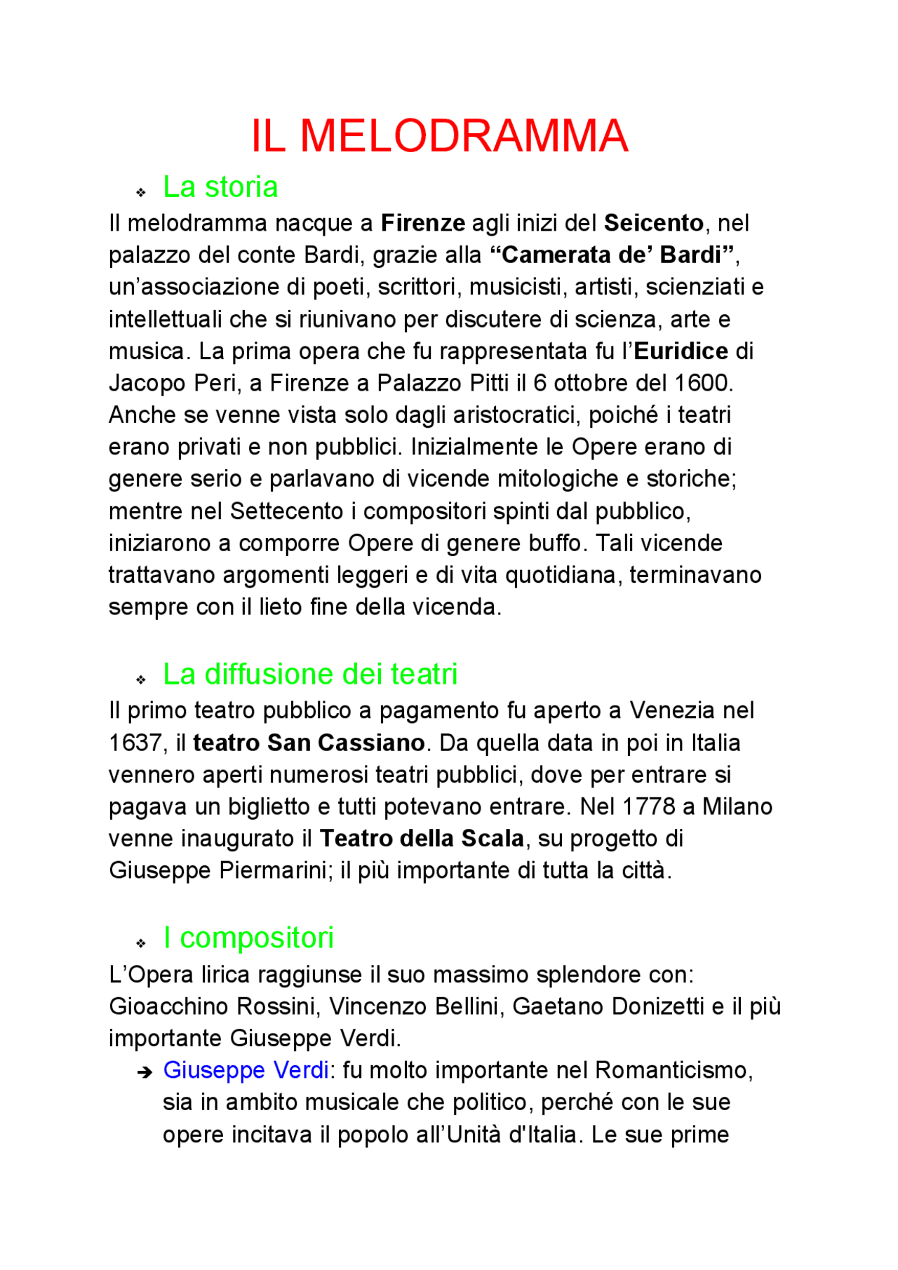 Il melodramma (la storia e i compositori fondamentali) - Docsity