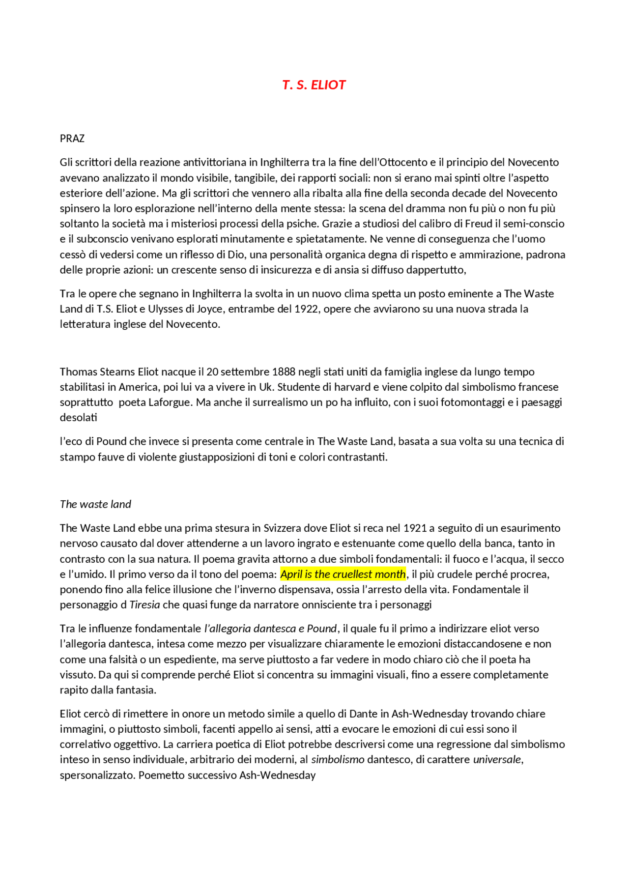 Eliot Esame Prof Peghinelli Docsity