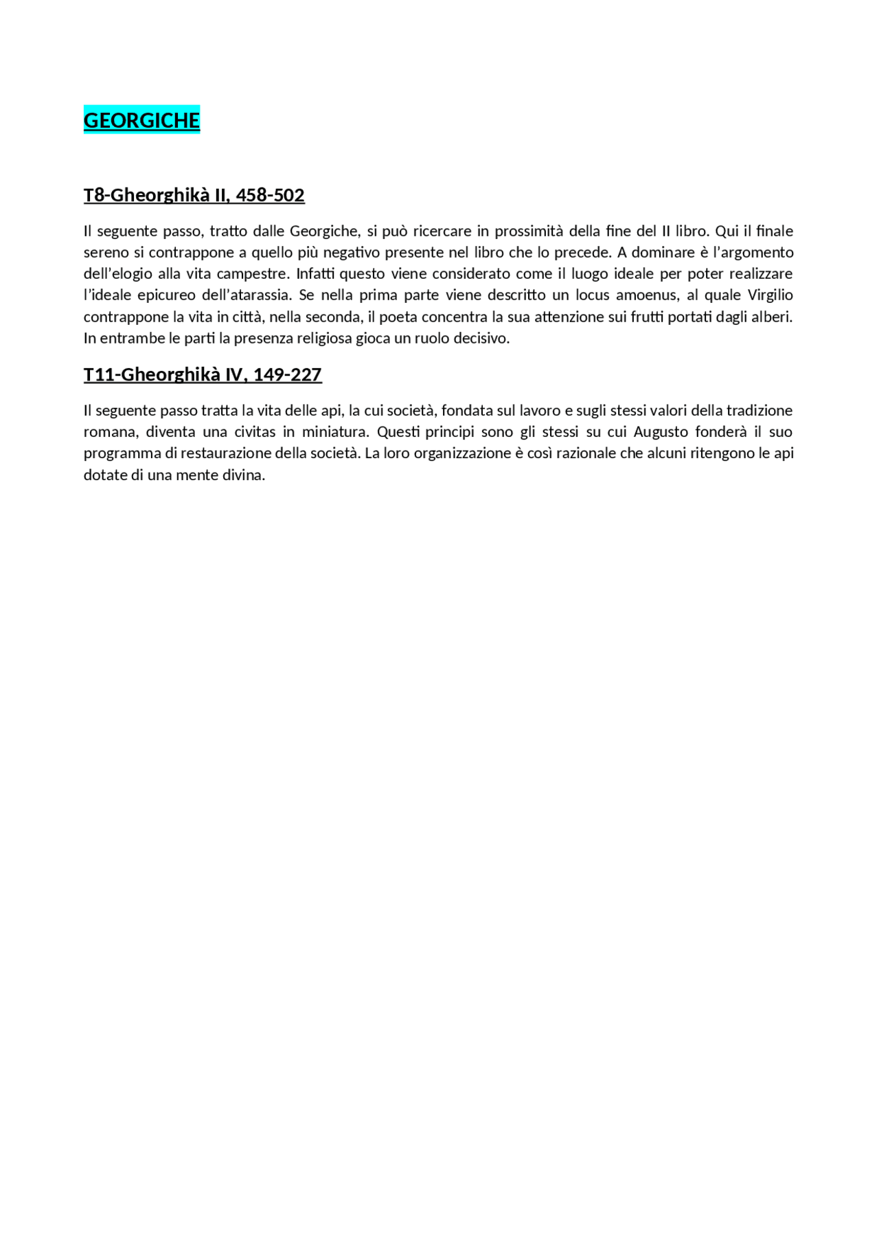 Georgiche riassunto utile per interrogazione o compito - Docsity