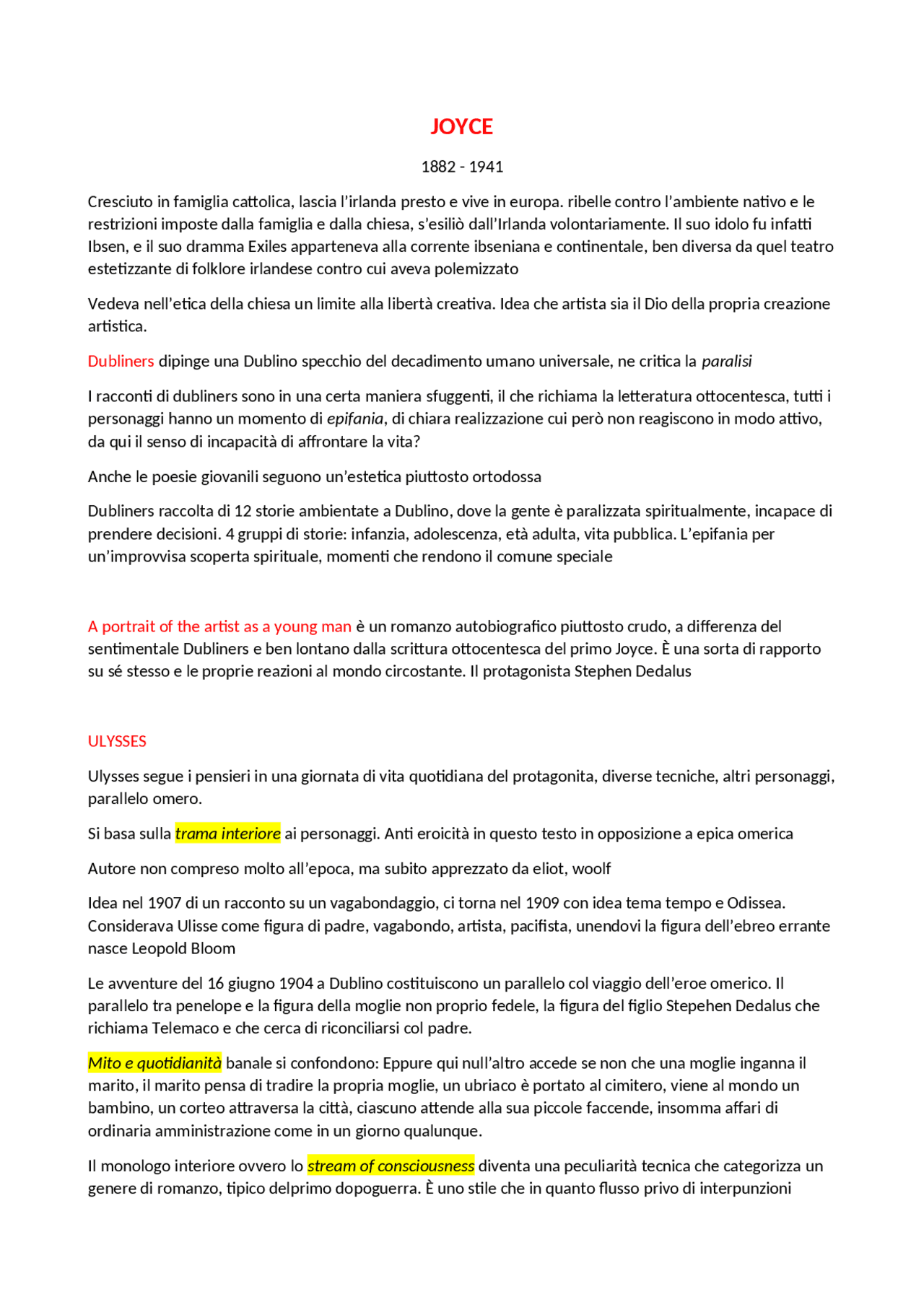 Joyce Esame Prof Peghinelli Docsity