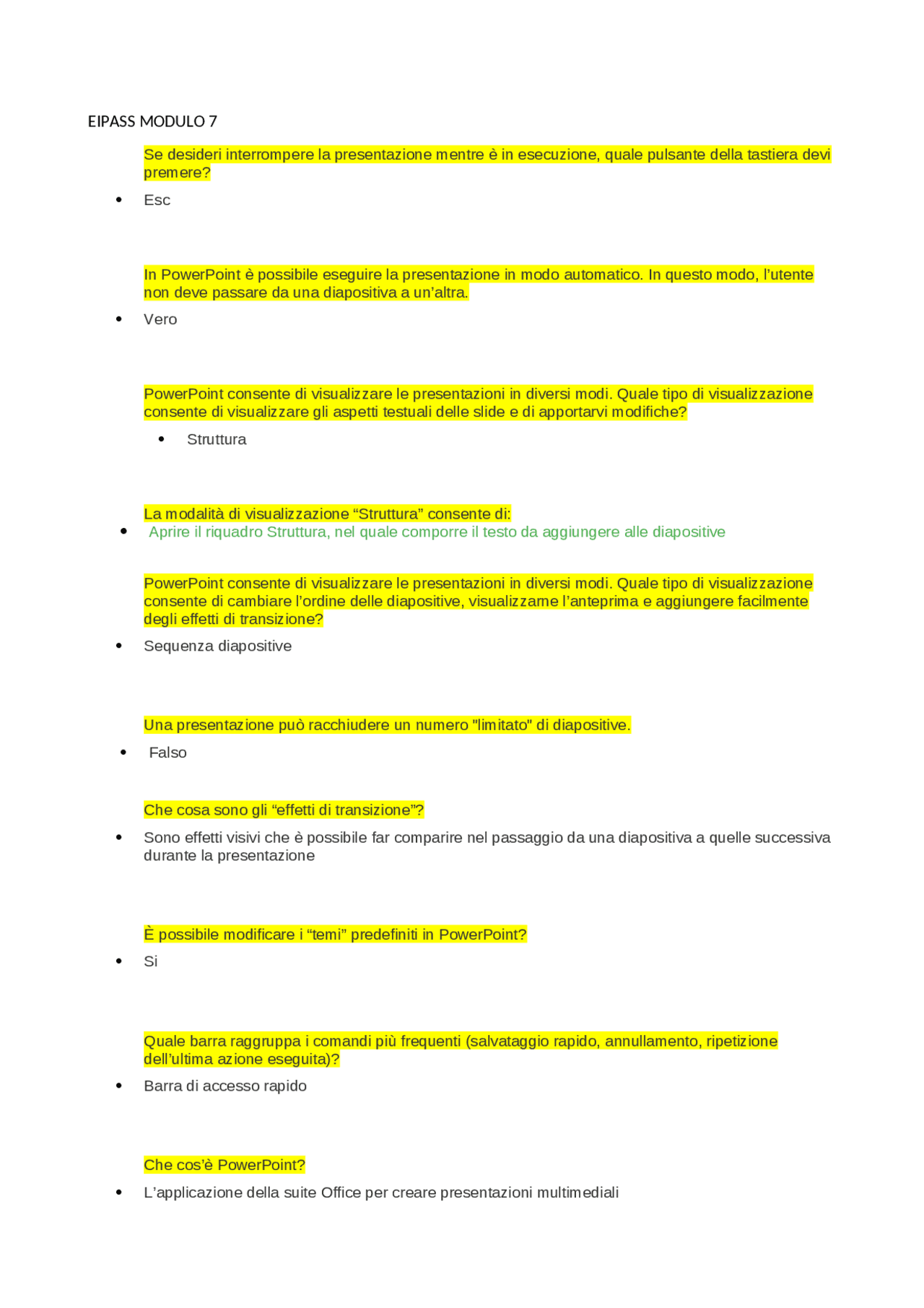 Risposte eipass modulo 7 | Prove d'esame di Informatica | Docsity