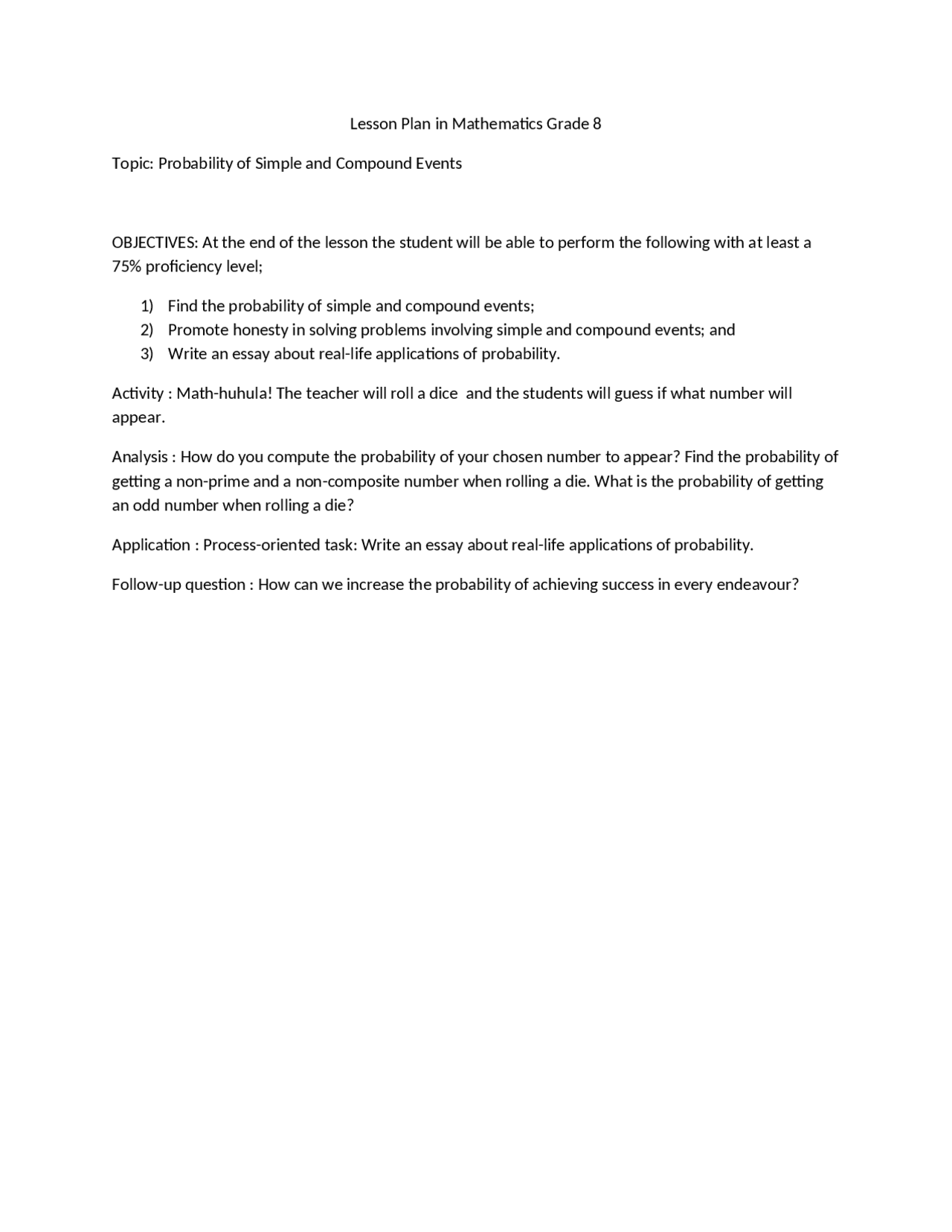 Lesson Plan in Mathematics - Docsity