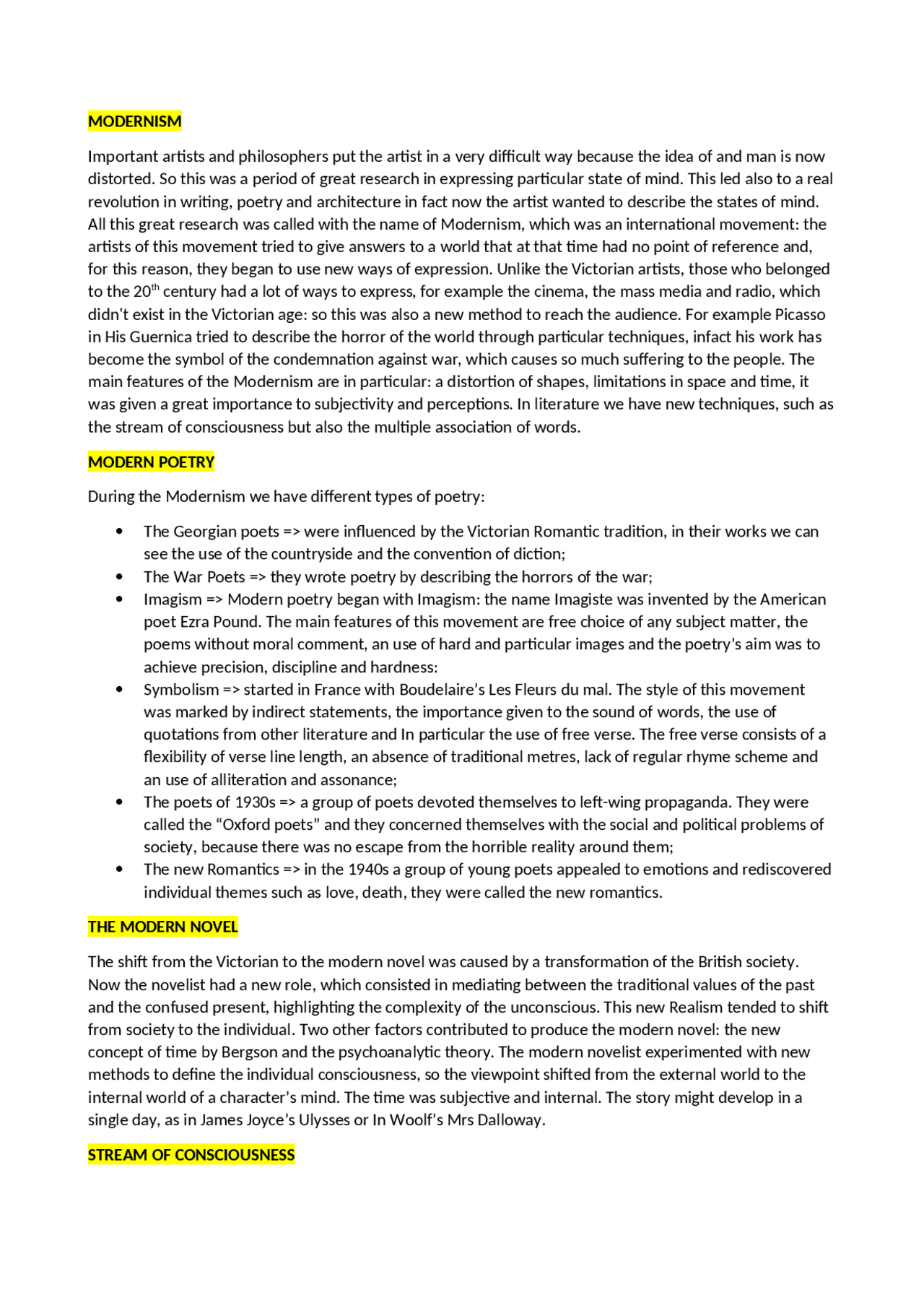The Modernism Main Features Docsity