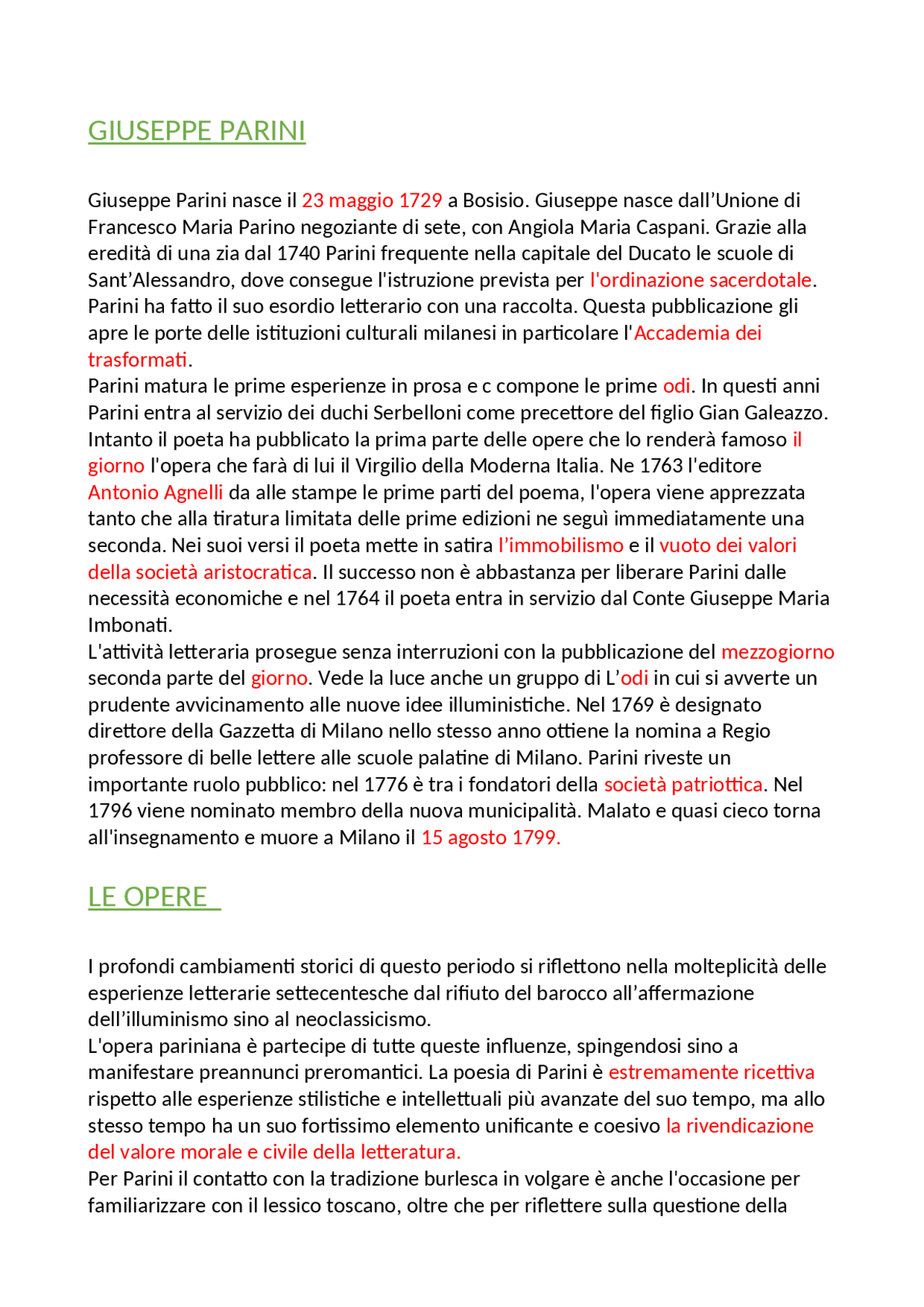Riassunto Di Italiano Su Giuseppe Parini Docsity