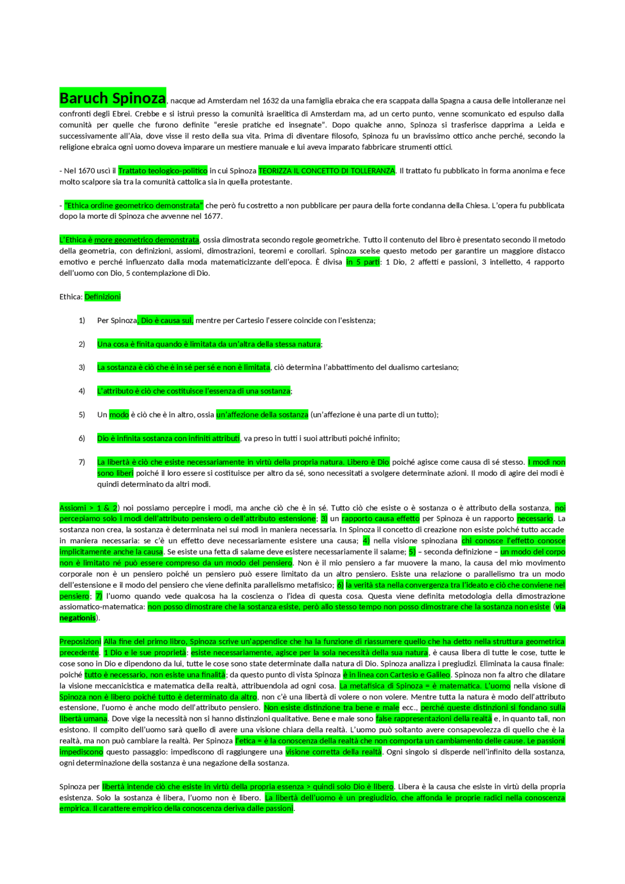 Spinoza riassunto utile per interrogazione o compito - Docsity