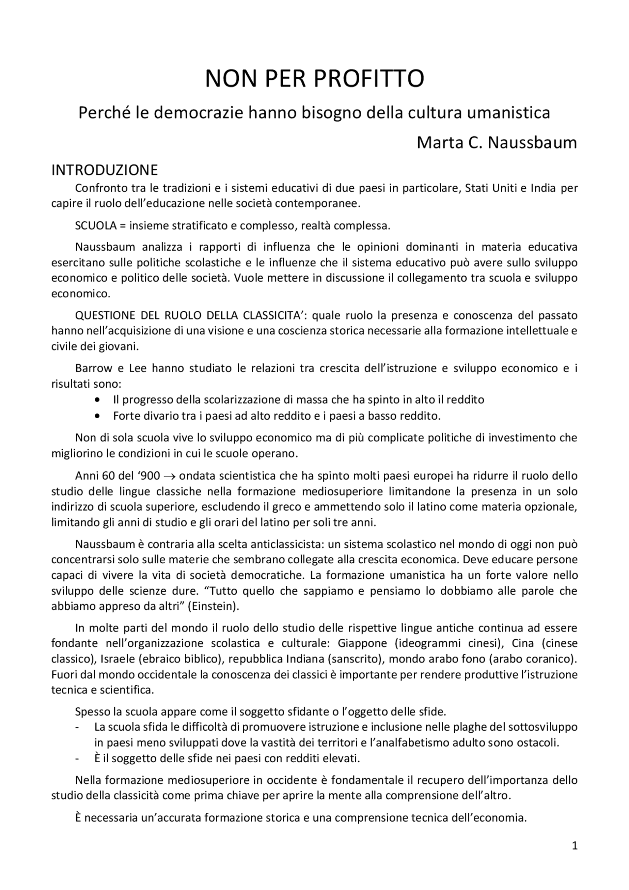 Non Per Profitto Naussbaum Docsity
