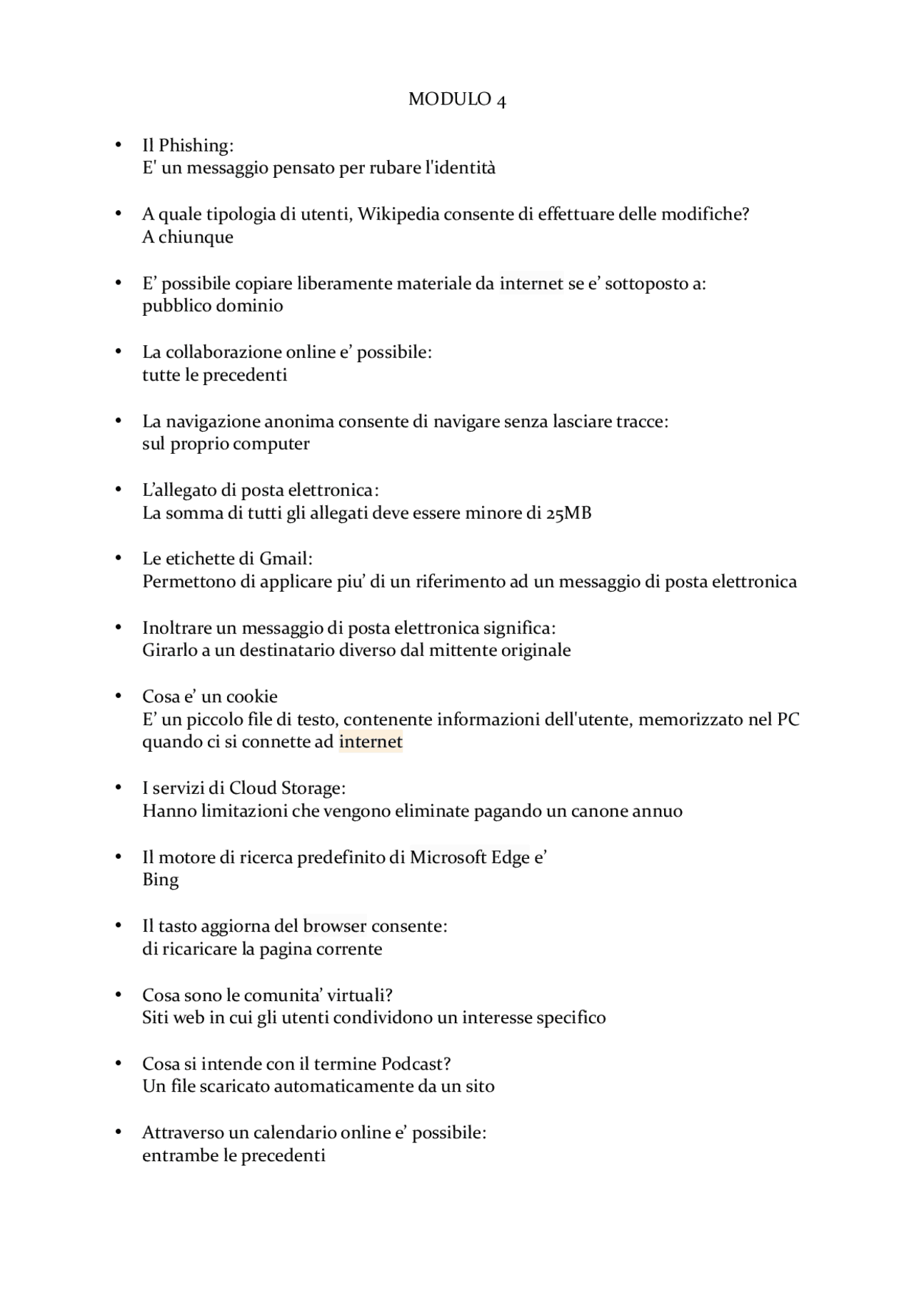Domande e risposte Eirsaf Full Mod.04 | Dispense di Elementi di Informatica | Docsity