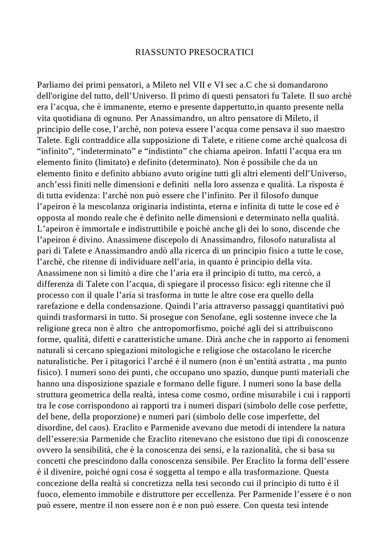 Riassunto Dei Presocratici Docsity