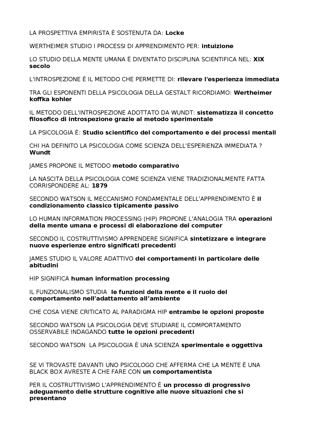 Psicologia Generale Paniere Domande Chiuse E Campus Docsity