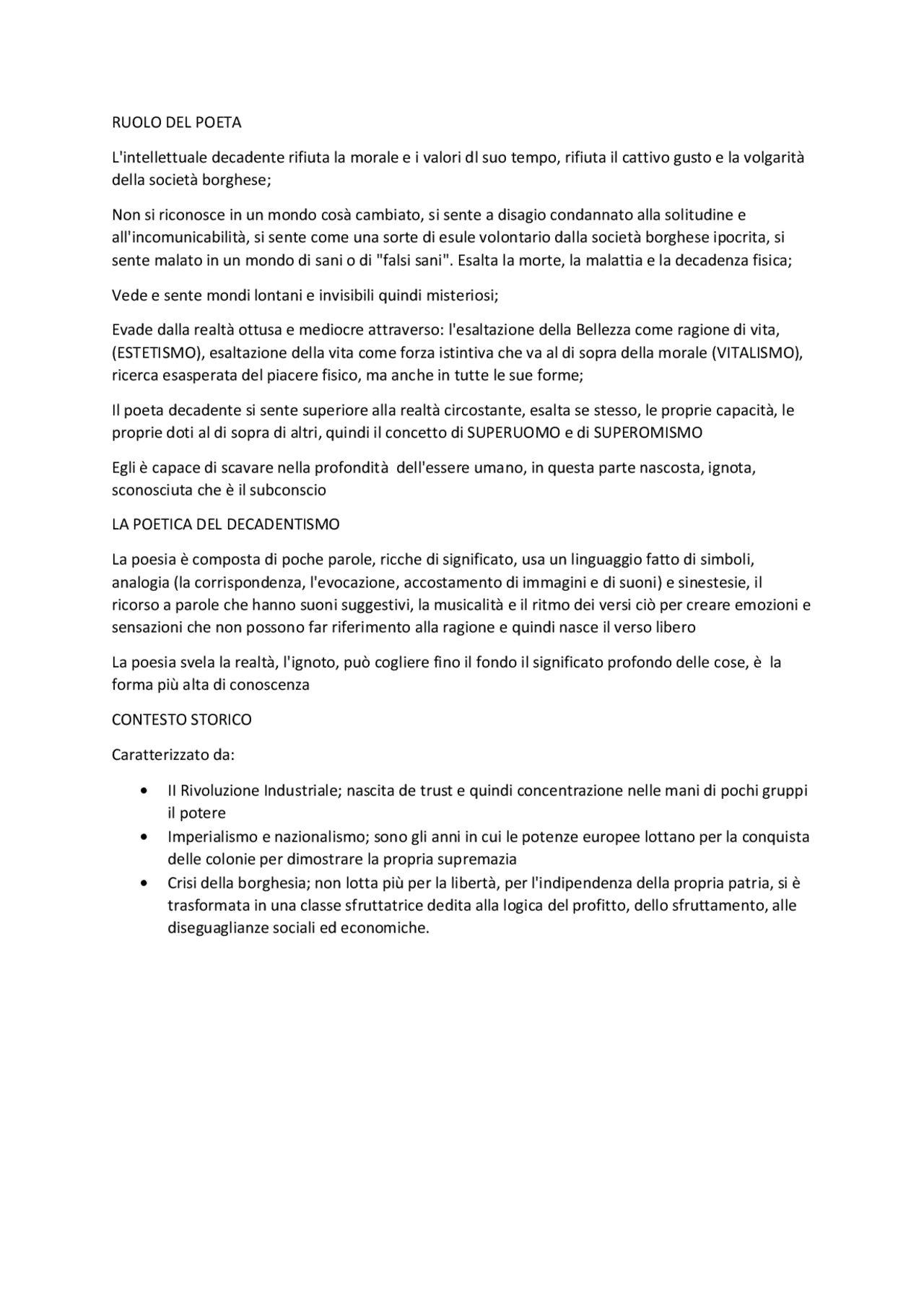 Il Decadentismo Ruolo Del Poeta E Contesto Storico Docsity