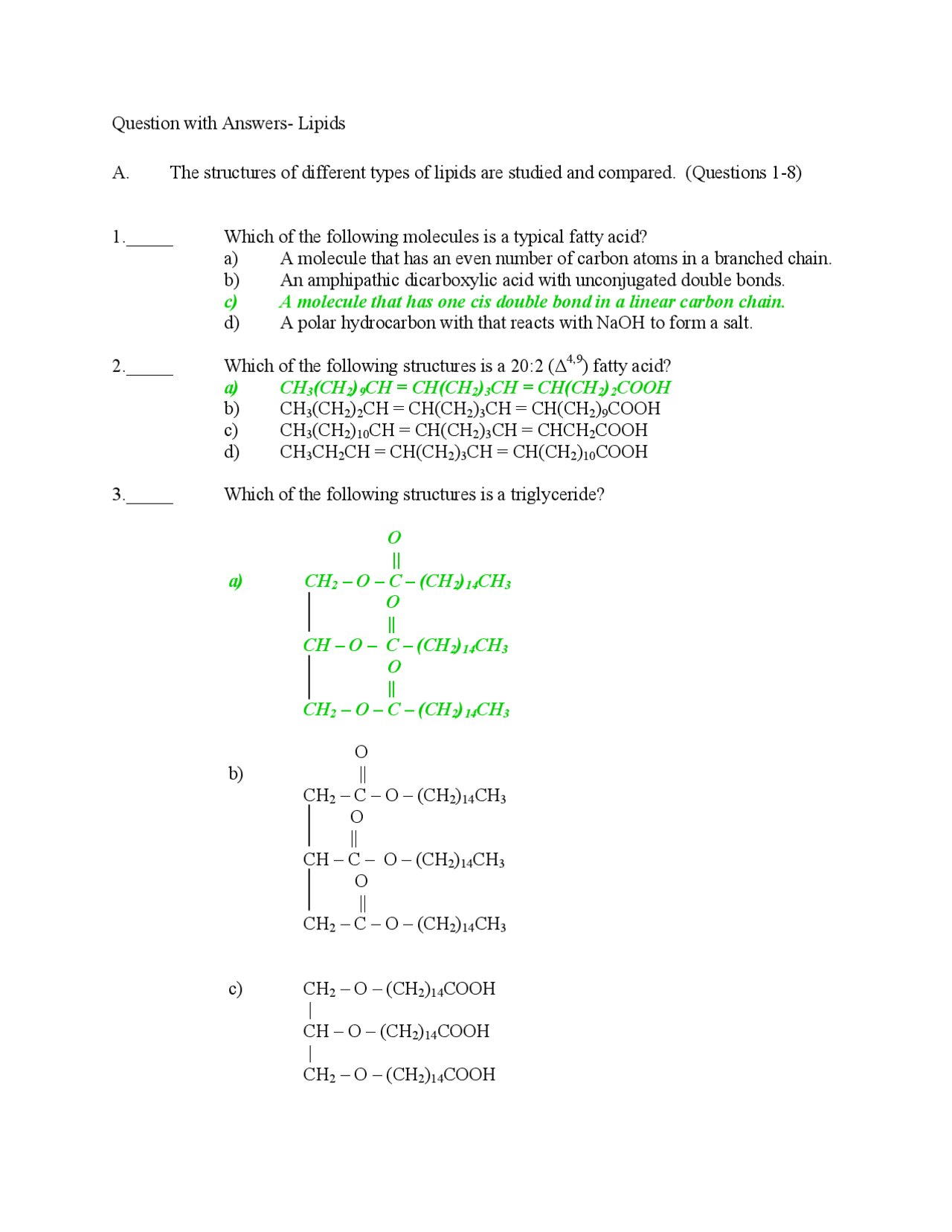 Lipids Answer key....... - Docsity