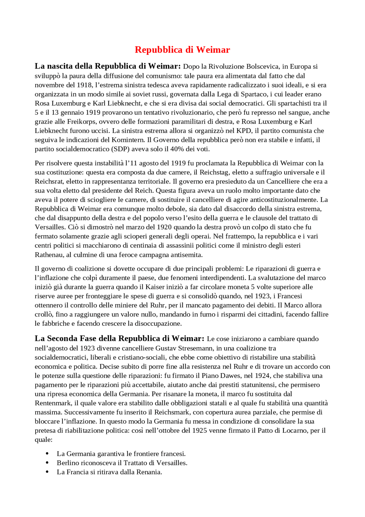 La Repubblica Di Weimar Docsity