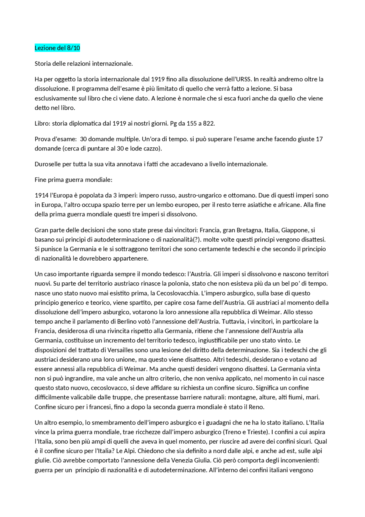 Lezione Di Storia Delle Relazioni Internazionali Docsity