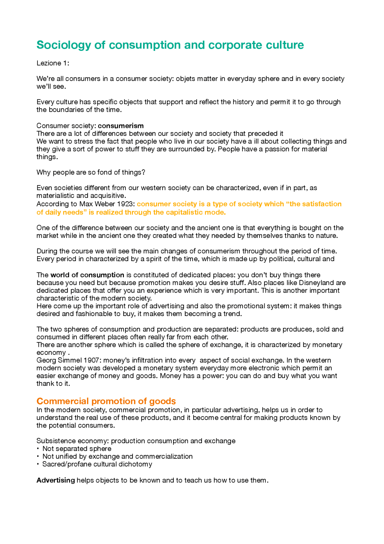 Sociology of consumption first chapters | Appunti di Sociologia | Docsity
