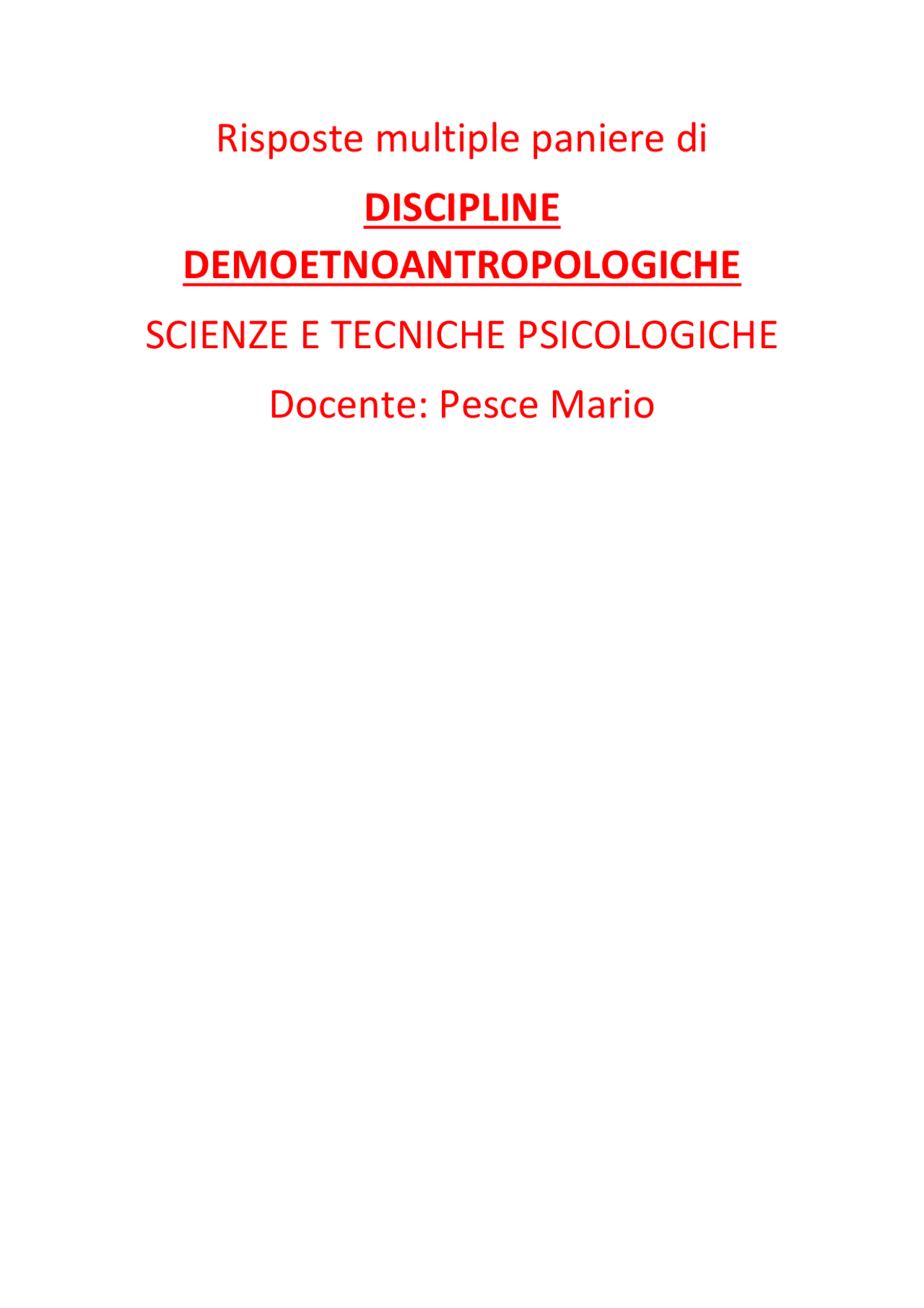 Risposte Multiple Paniere Di Discipline Demoetnoantropologiche Ecampus