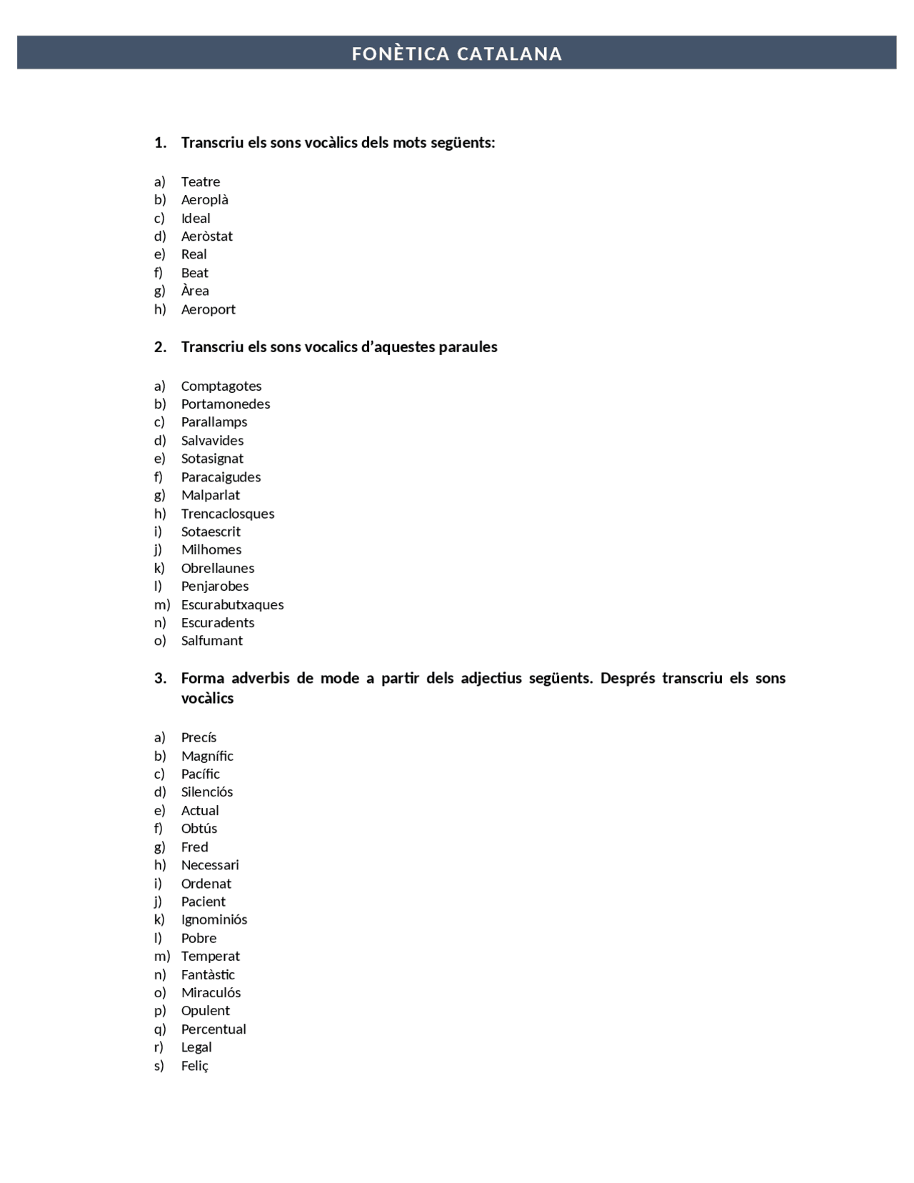 Llengua Catalana Fonètica Ejercicios De Catalán Docsity
