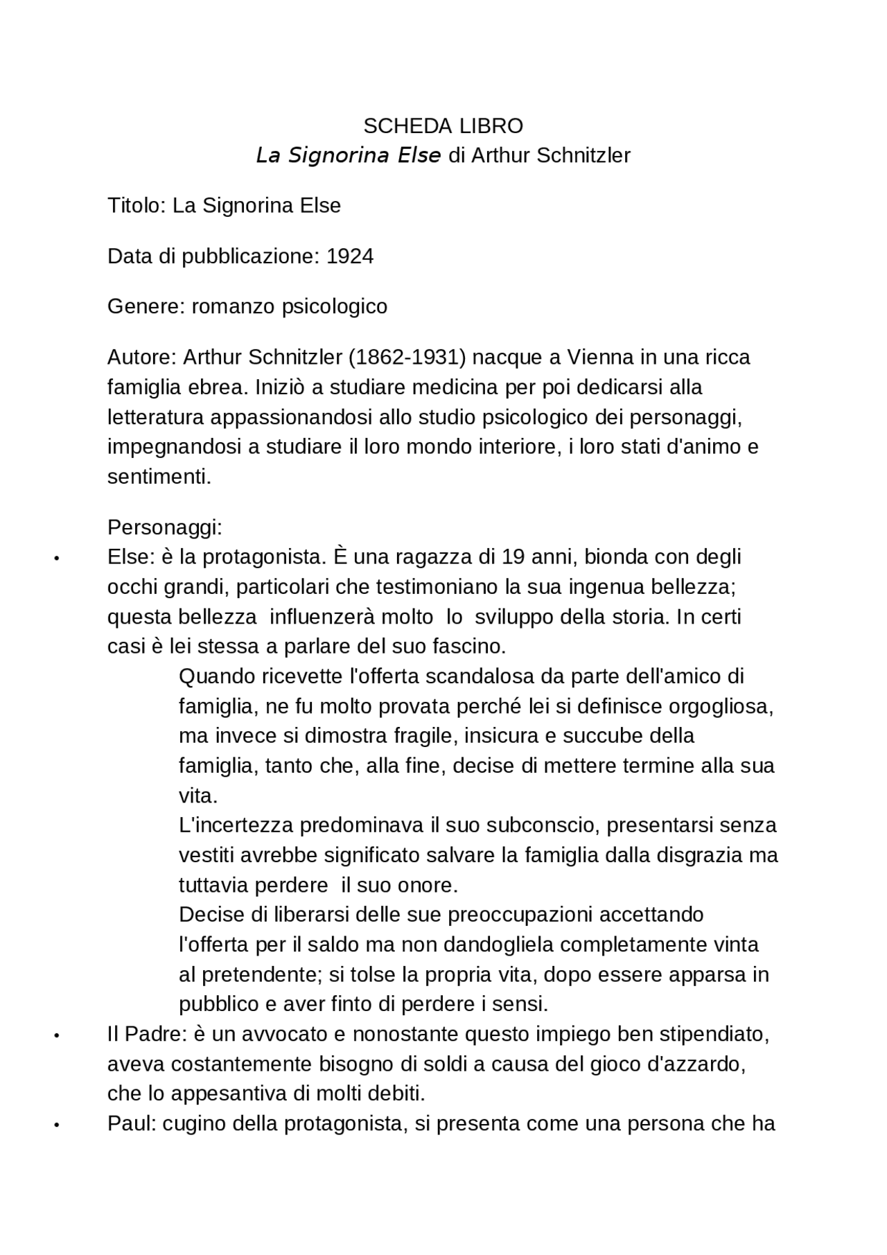 Scheda Libro - La Signorina Else | Sintesi del corso di Italiano | Docsity