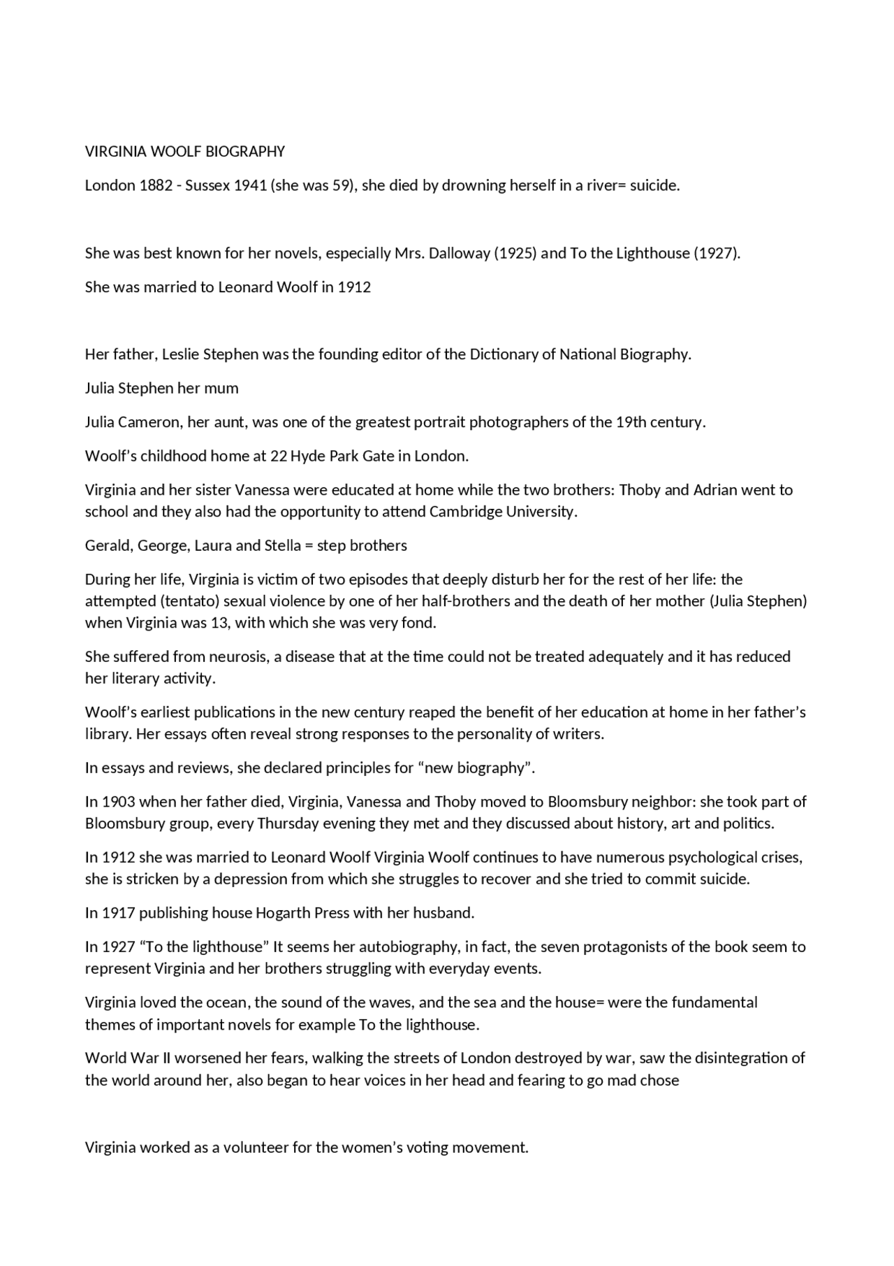 Virginia woolf biography - Docsity