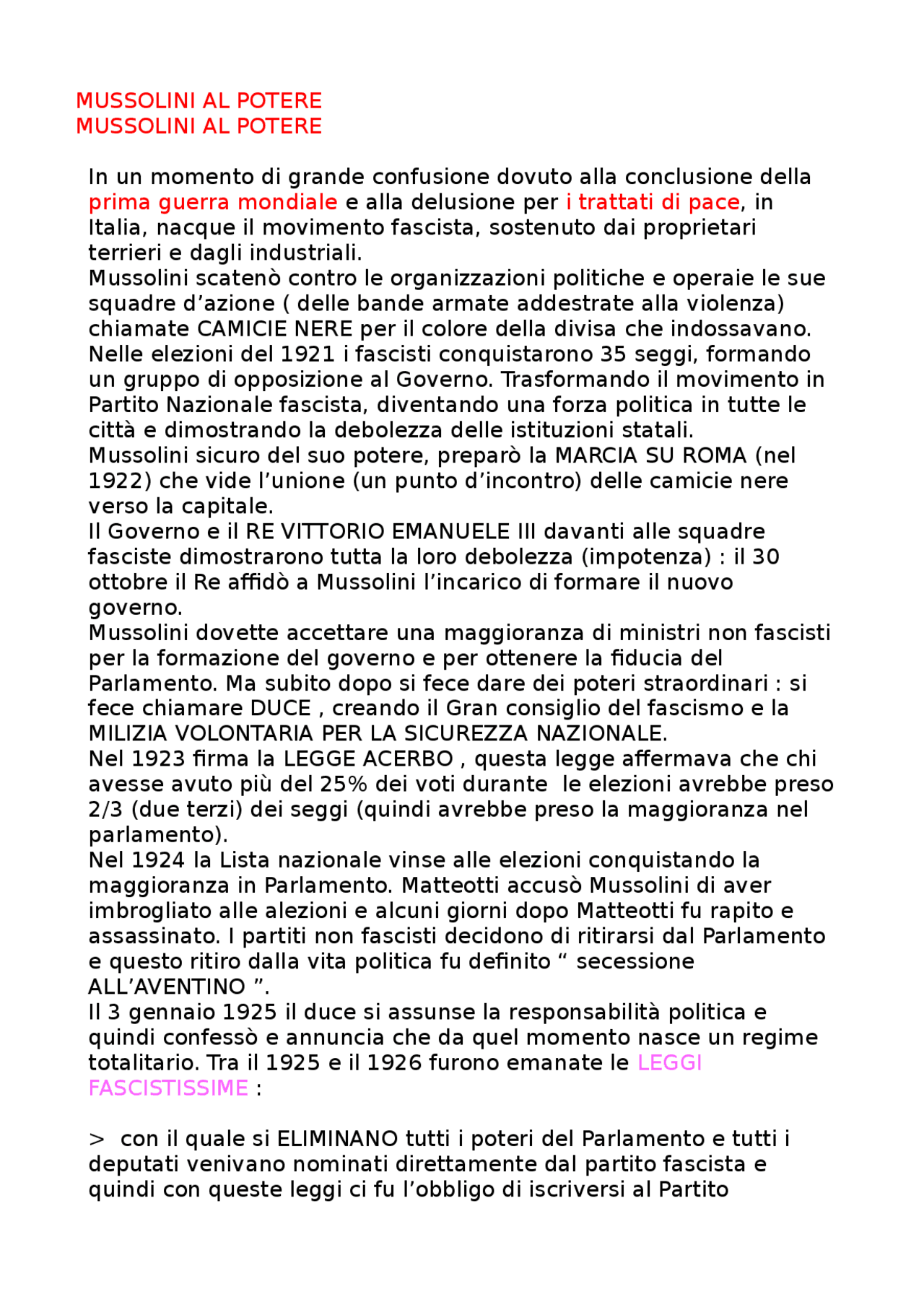 Mussolini al potere tutto ciò che vuoi sapere su Mussolini - Docsity