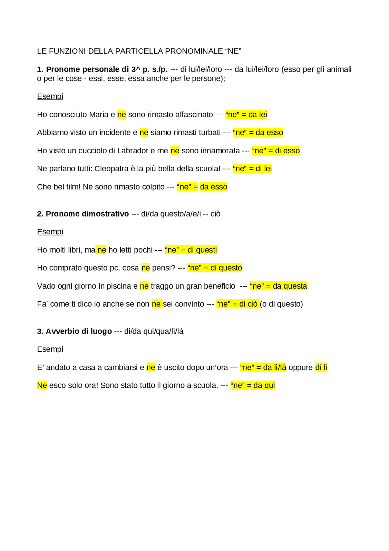 Le funzioni della particella pronominale " ne" - Docsity