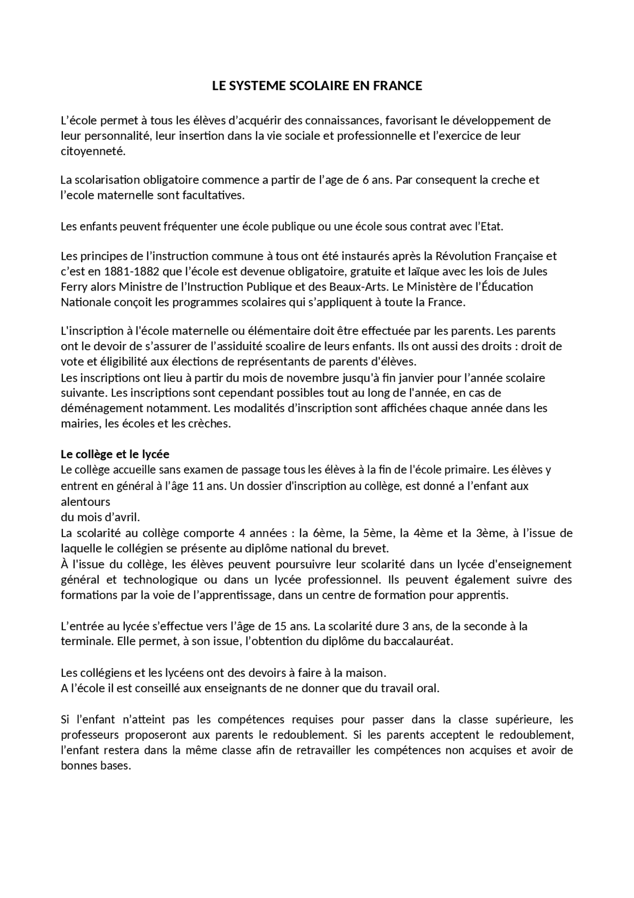 LE SYSTEME SCOLAIRE EN FRANCE - Docsity