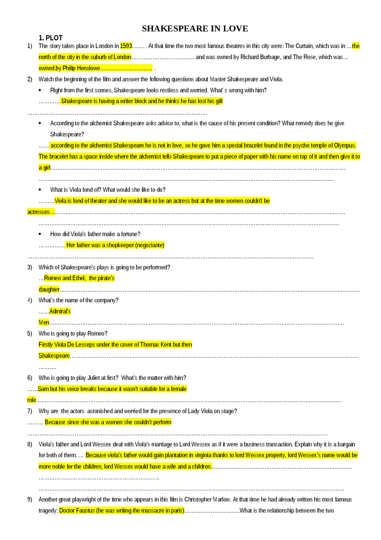 SHAKESPEARE IN LOVE WORK SHEET - Docsity