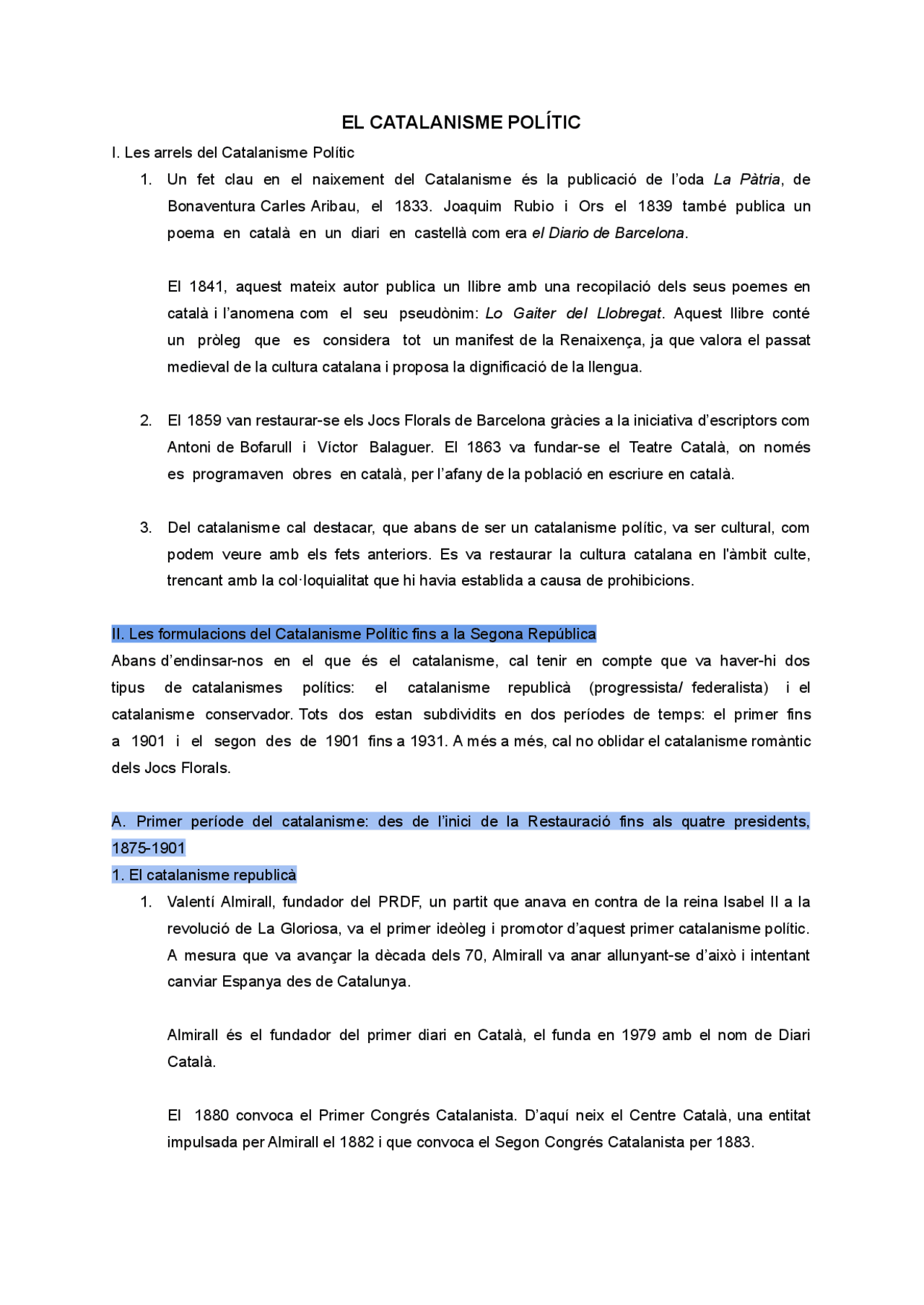 Resum Catalanisme Polític Docsity