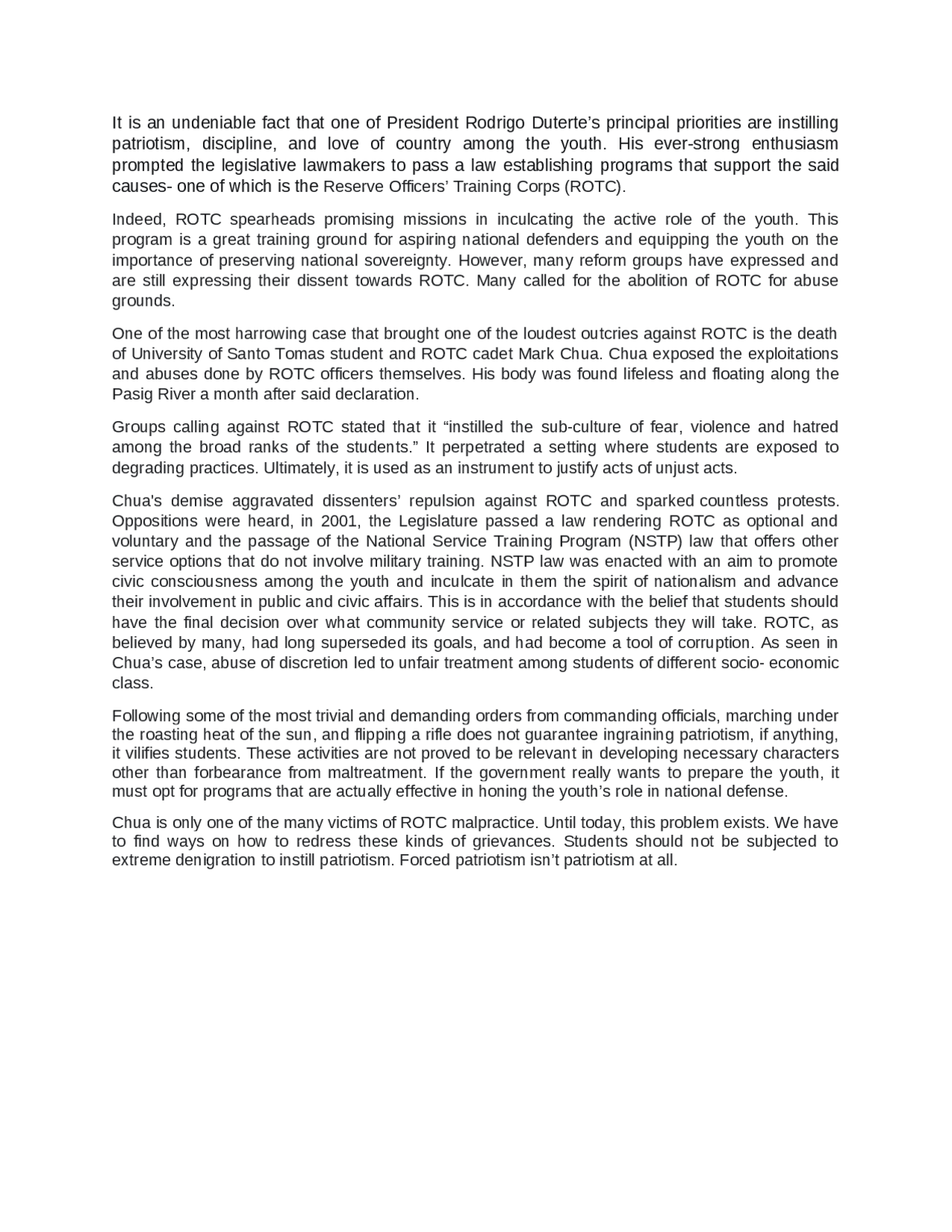 THE DEATH OF ROTC CADET MARK CHUA - NSTP POLICY ANALYSIS | Essays ...