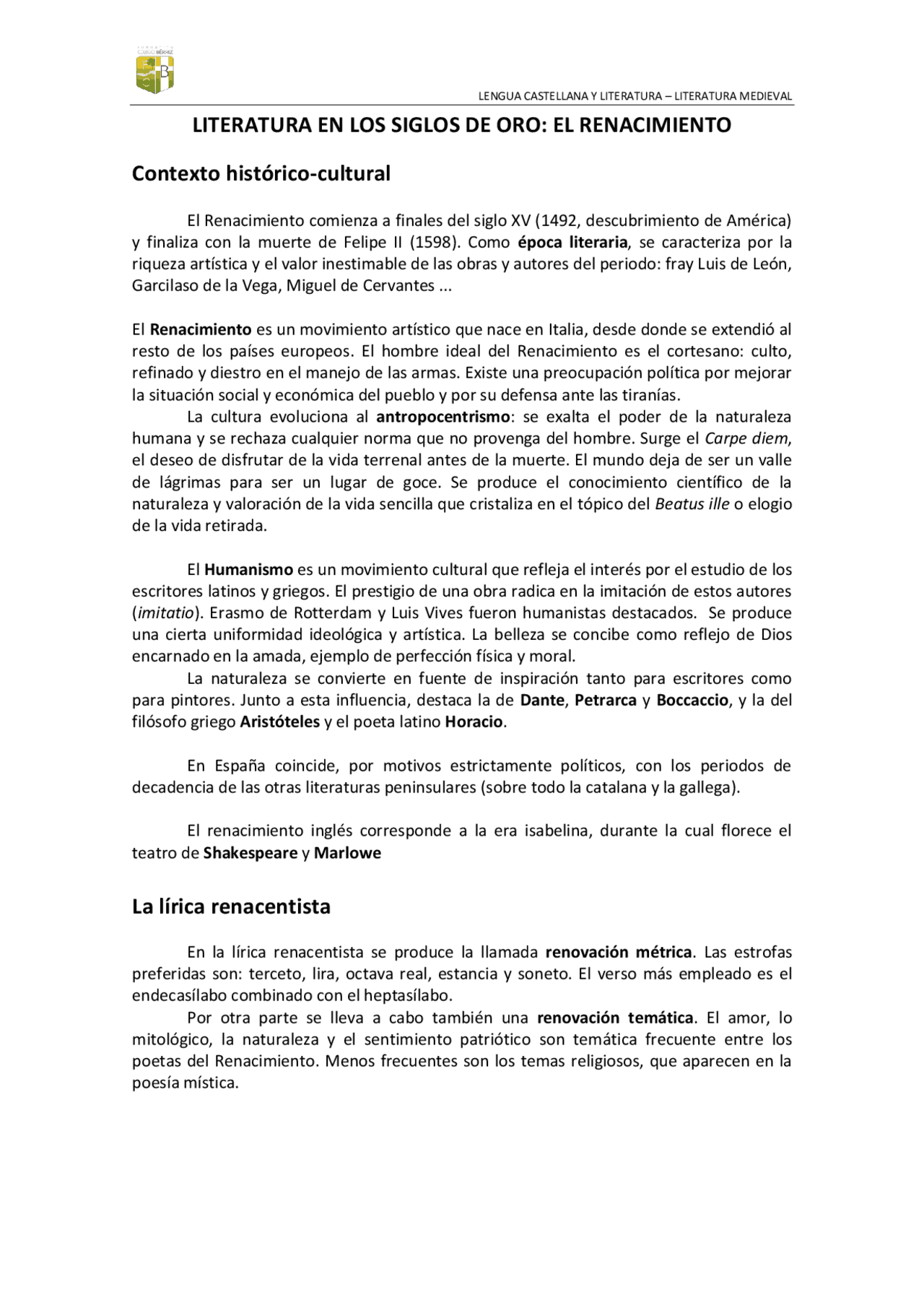 LITERATURA SIGLO DE ORO - Docsity