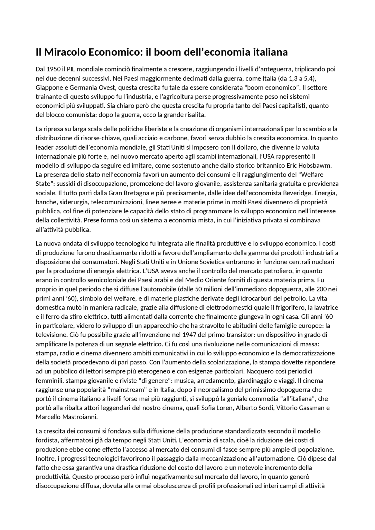Il boom economico in Italia. - Docsity
