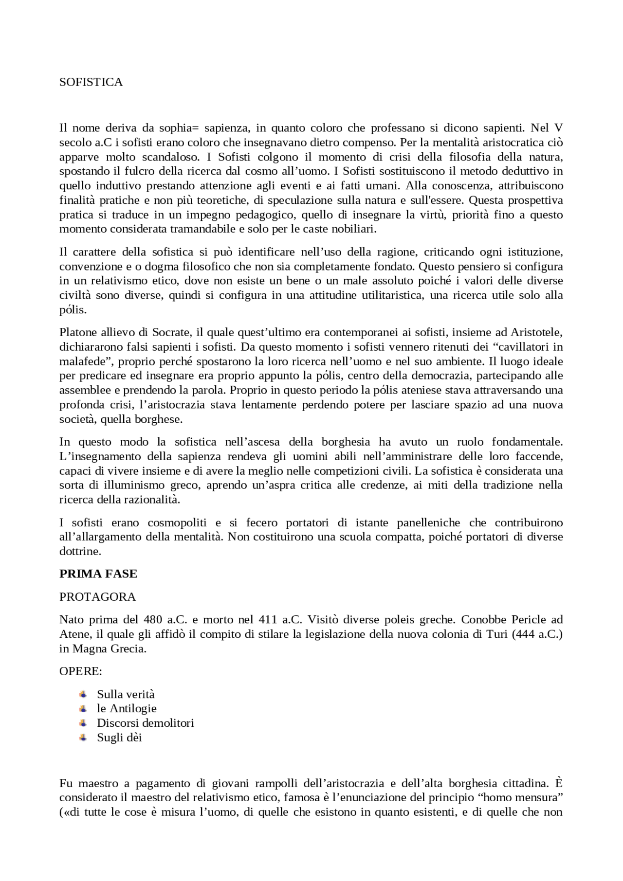 Sofistica, esame storia della pedagogia - Docsity