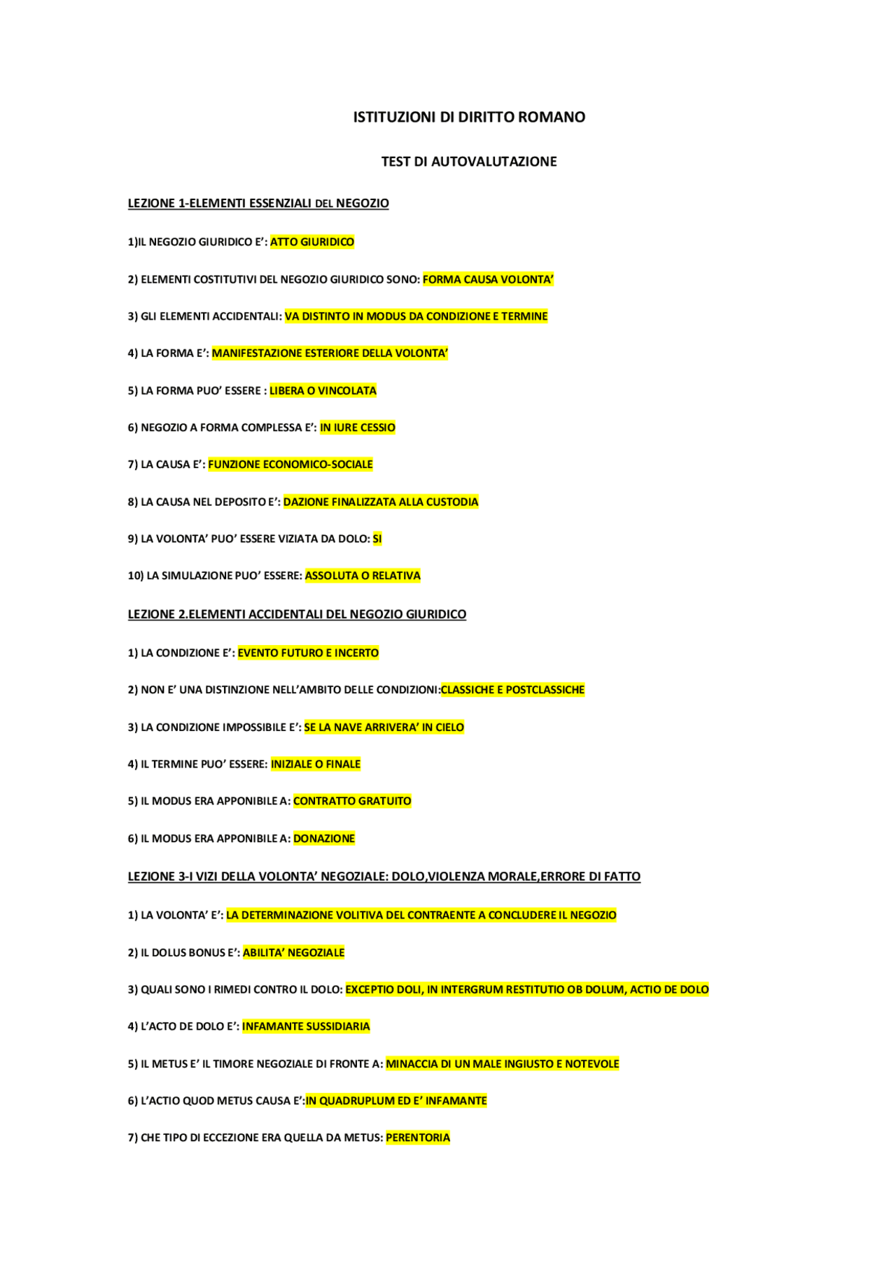 Test Di Istituzioni Di Diritto Romano Docsity