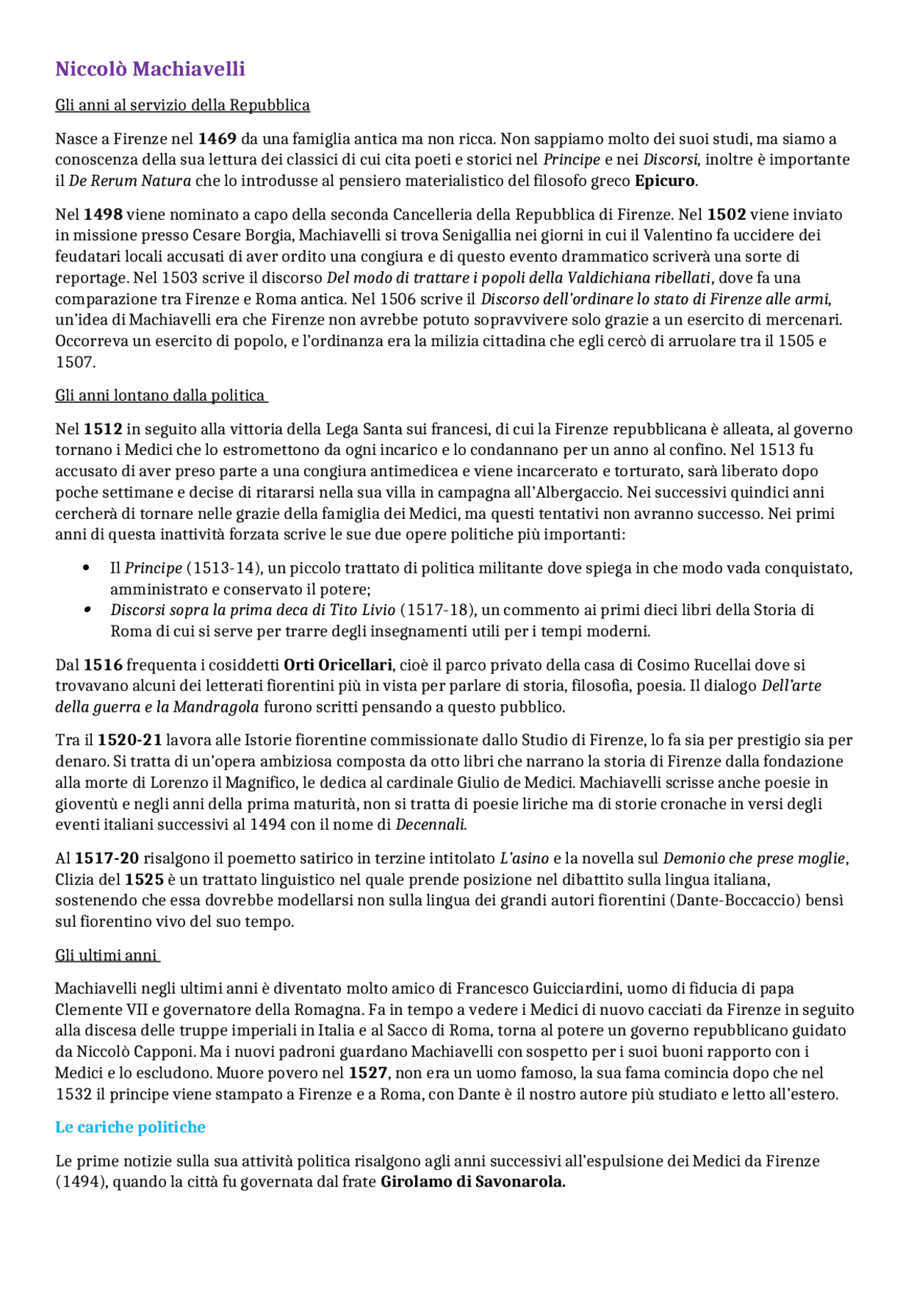 Niccolò Machiavelli In Sintesi Docsity