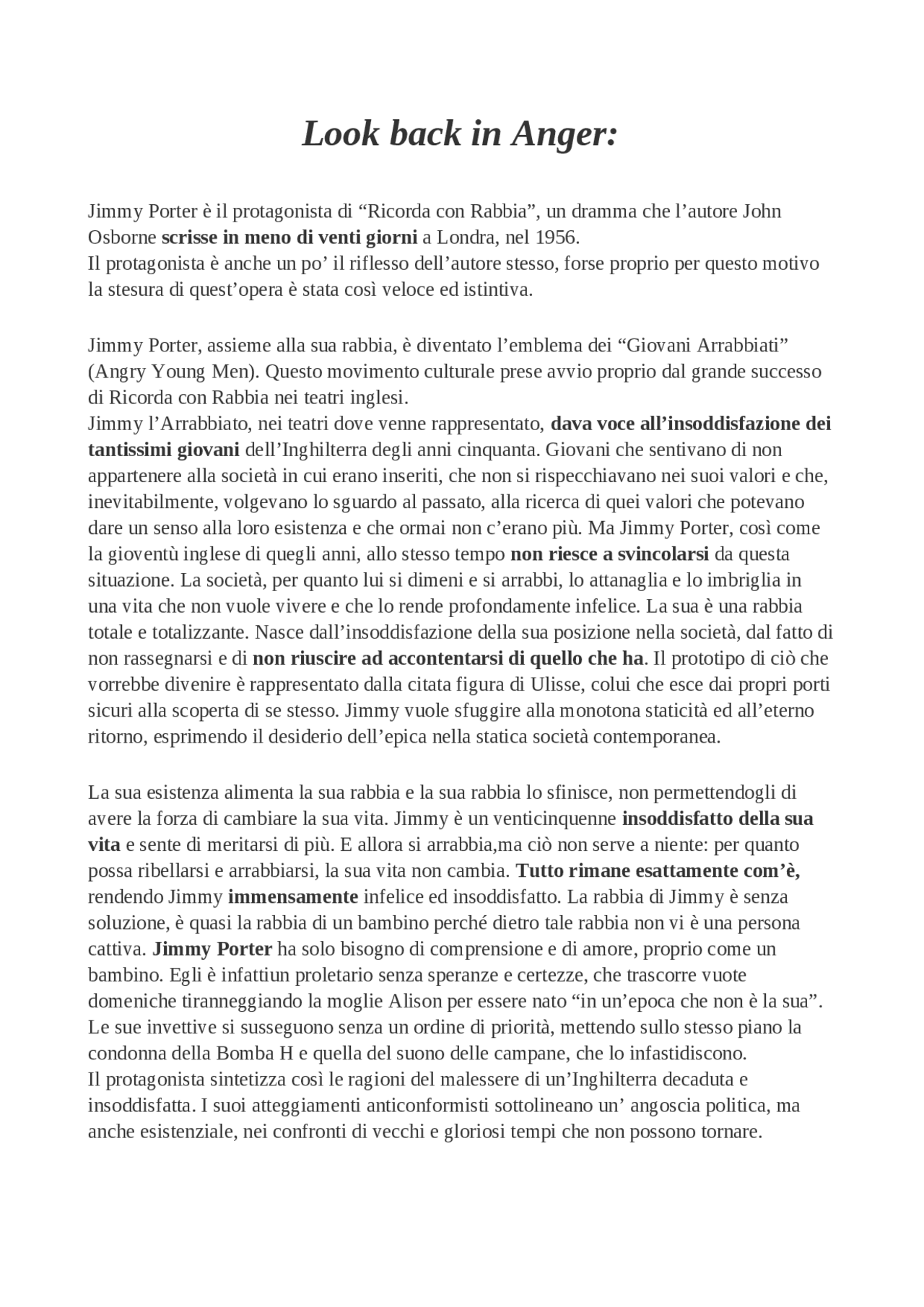 Riassunto Dellopera Look Back In Anger Docsity